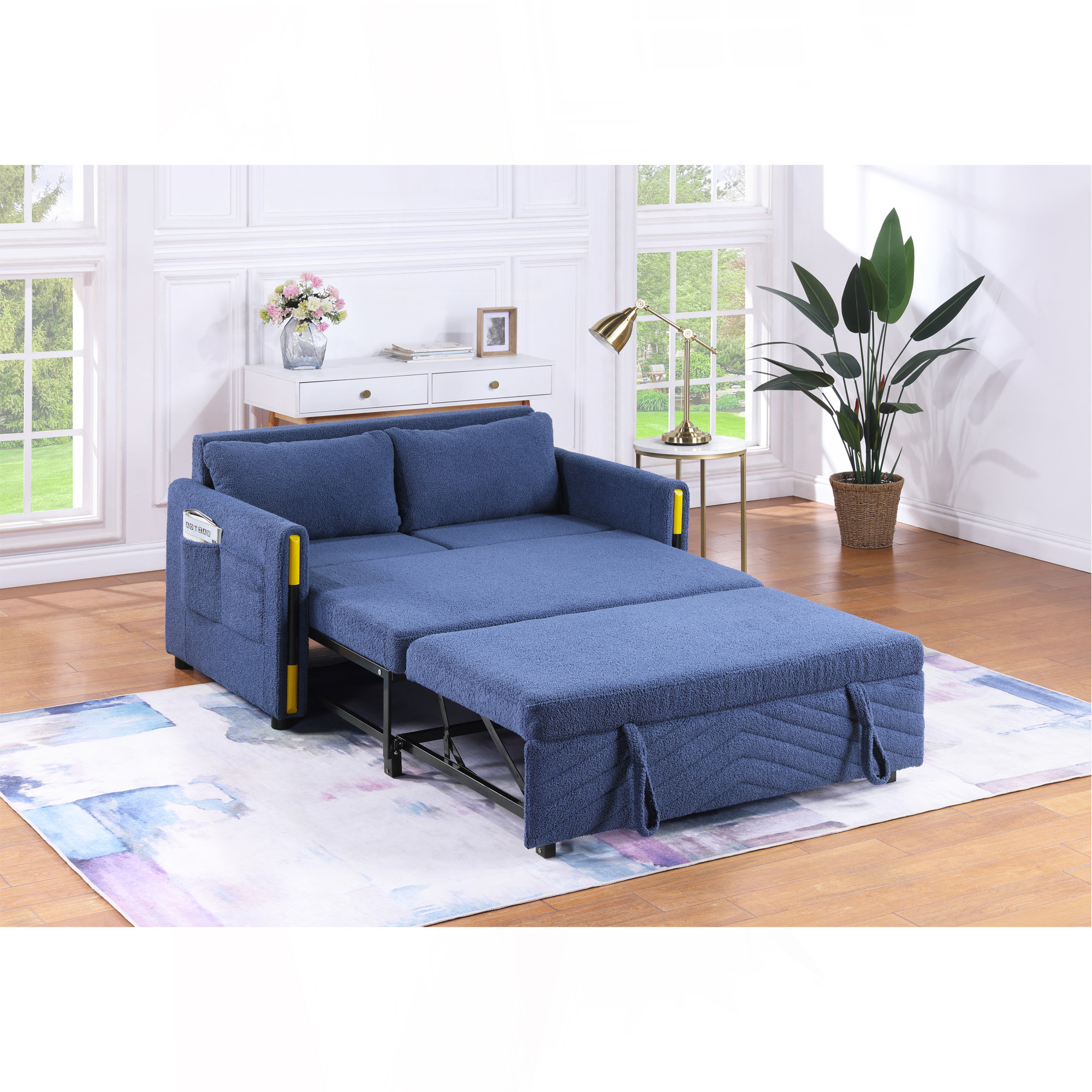 Mercer41 55.5"W Beige Teddy Velvet Sleeper Loveseat With Dual-Pull ...