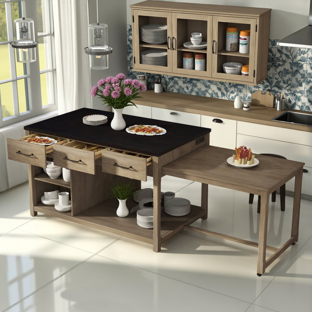 Gracie Oaks Expandable Kitchen Island with Storage, Power Outlets ...