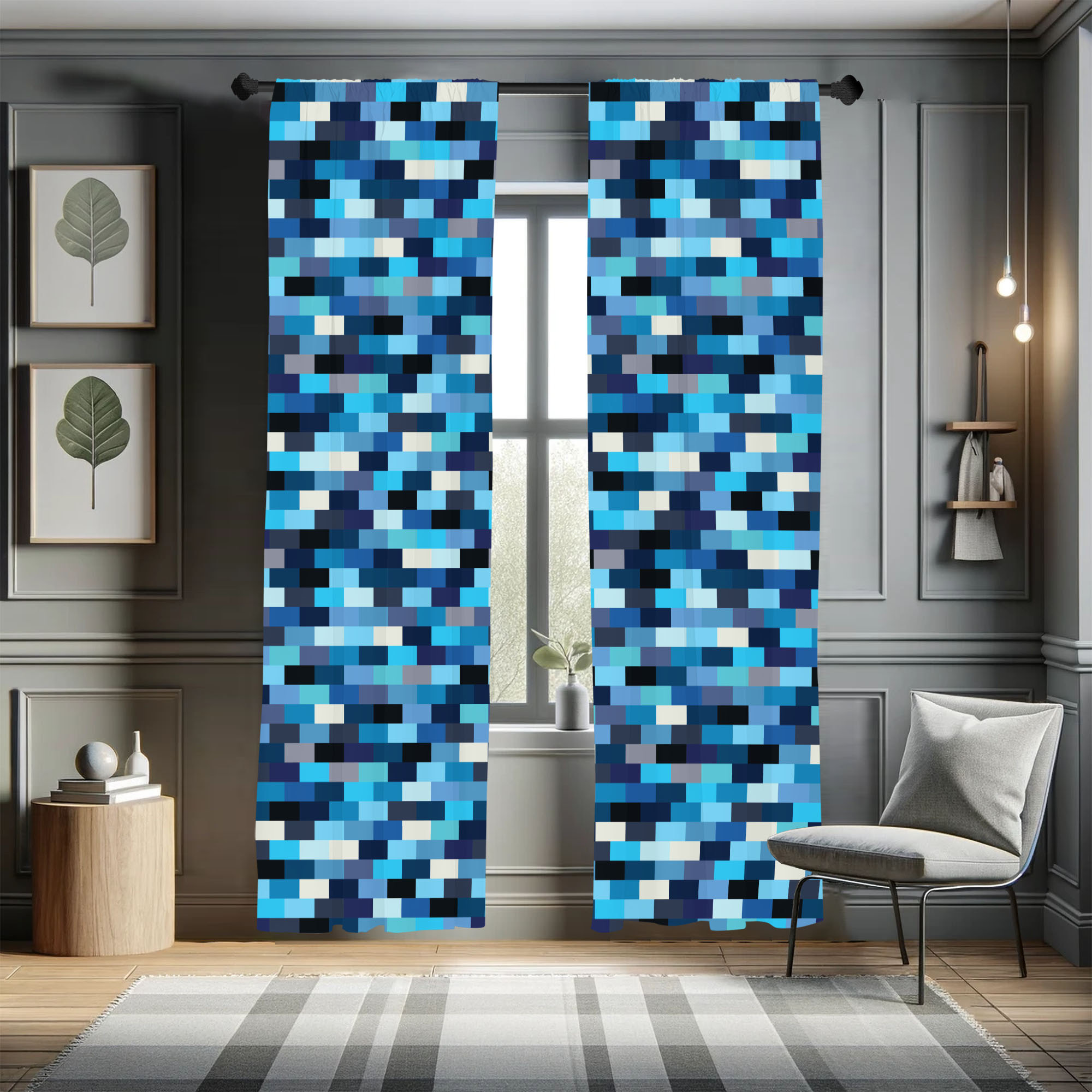Wrought Studio™ Blue Curtains, Geometric Design Stripes, Pair of 28"x63 ...