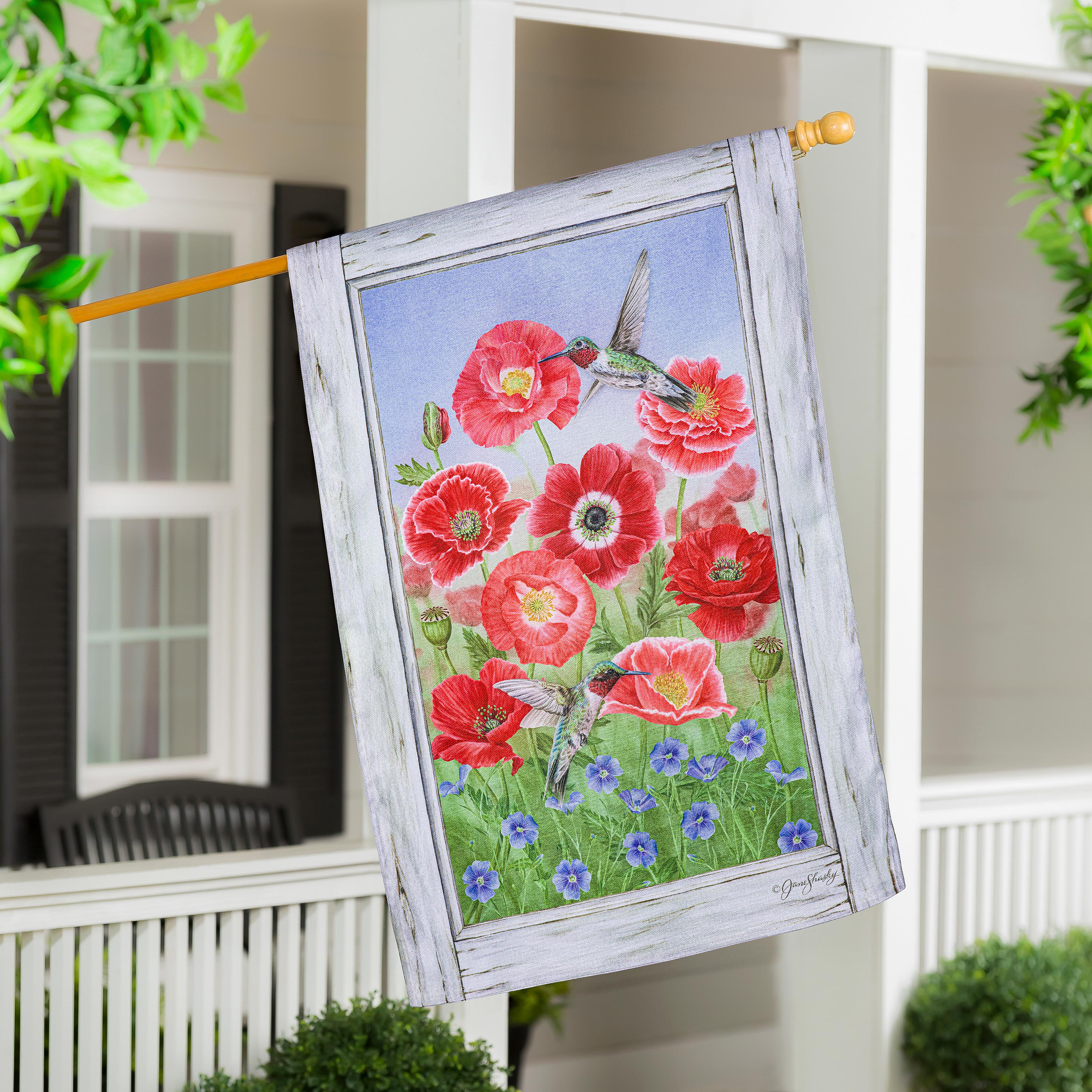 Arlmont & Co. Poppy's and Hummingbirds Burlap House Flag | Wayfair
