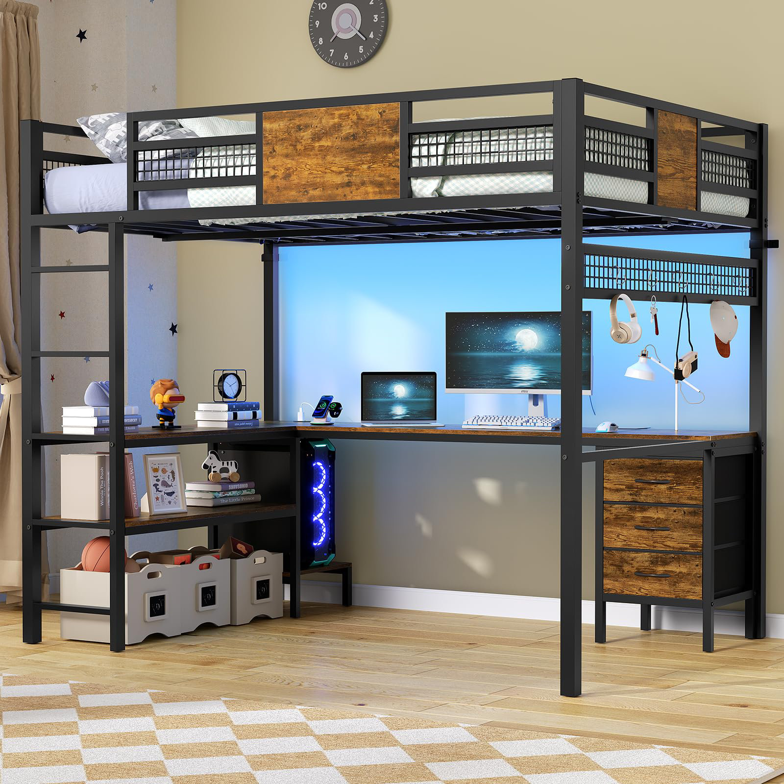 Mason & Marbles Loft Bed With L-shaped Desk, Bed Frame With Led Lights ...