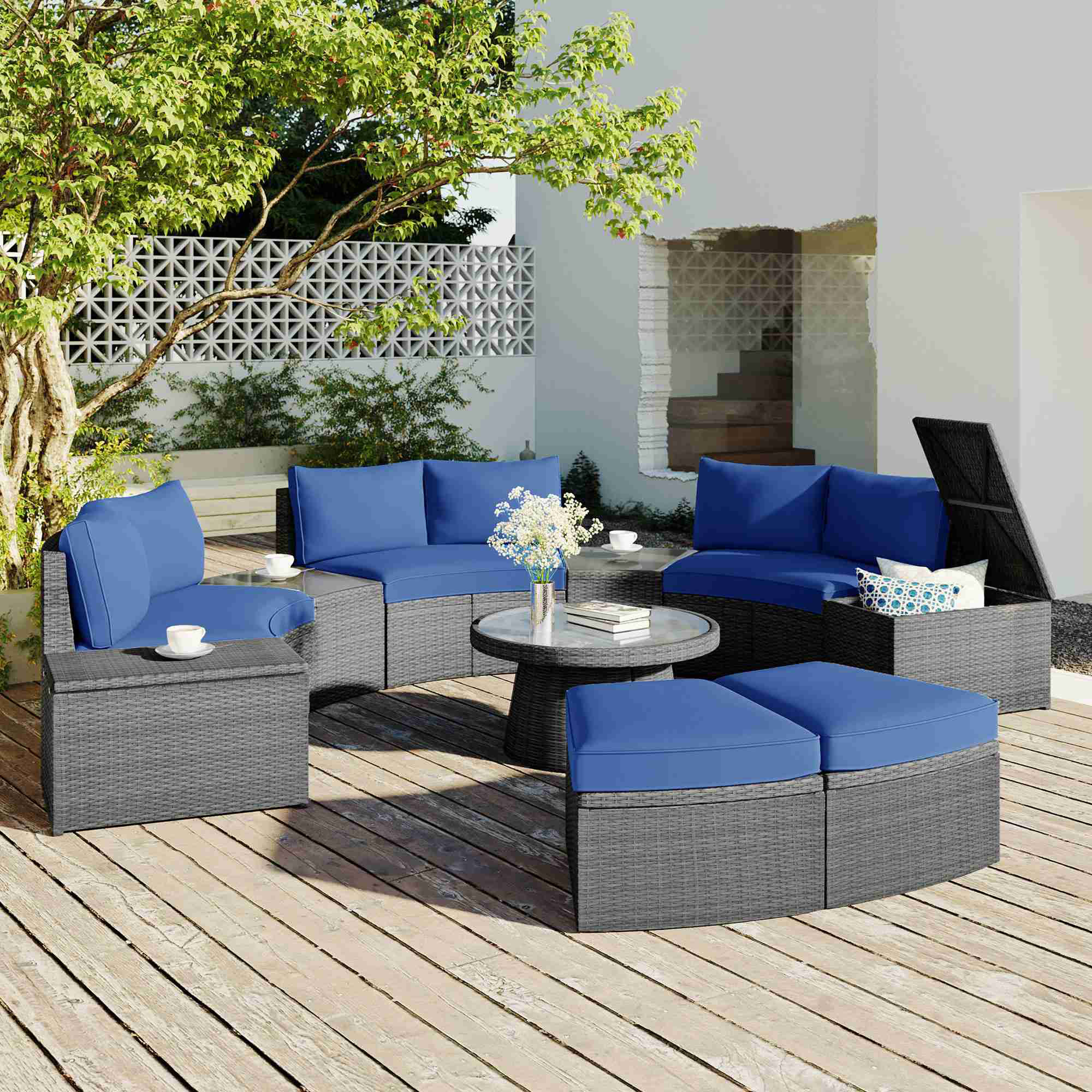 Latitude Run® 10-Piece Outdoor Sectional Half Round Patio Rattan Sofa ...