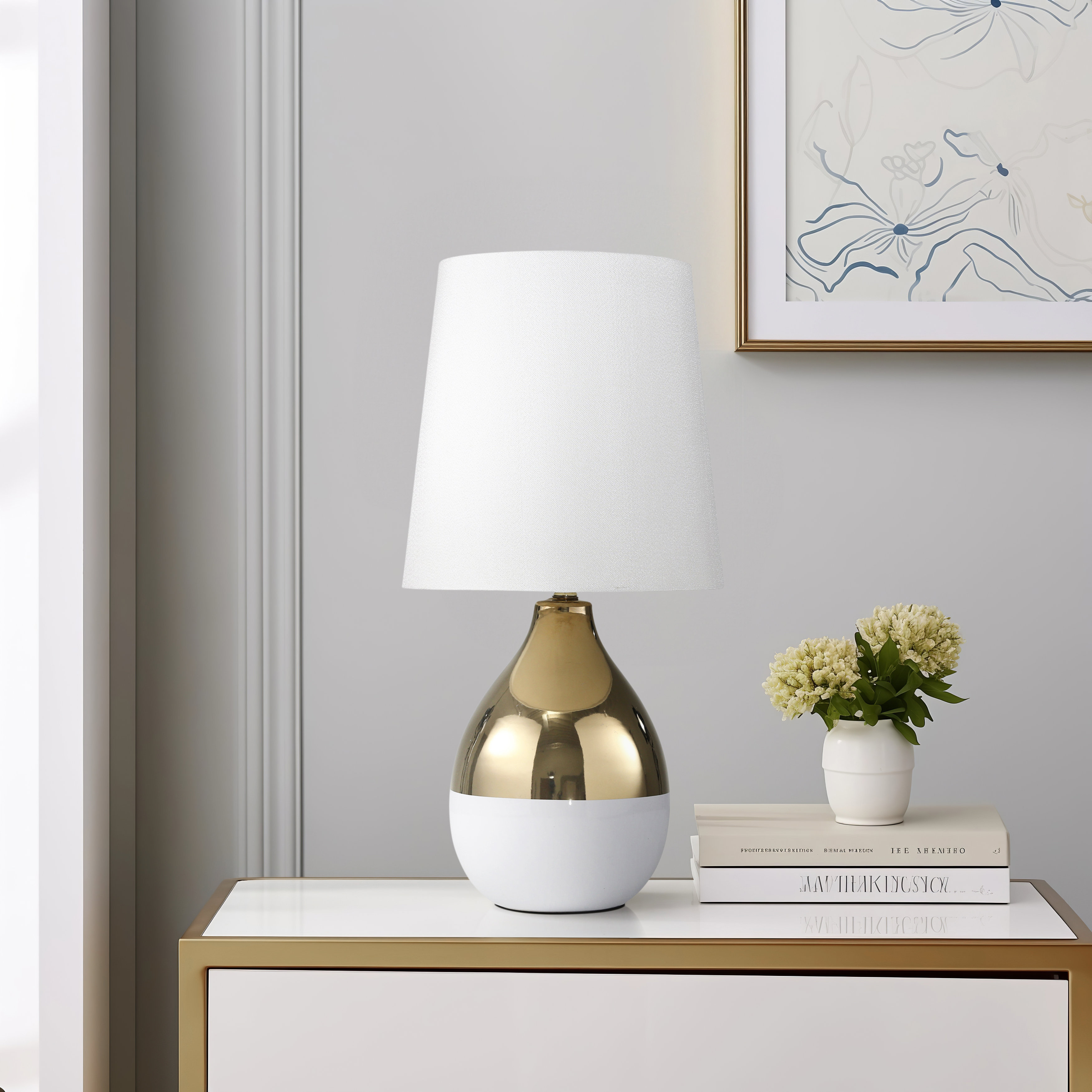 Mercer41 Glam Modern Ceramic Gourd Lamp, 26-Inch Gold and White Table ...