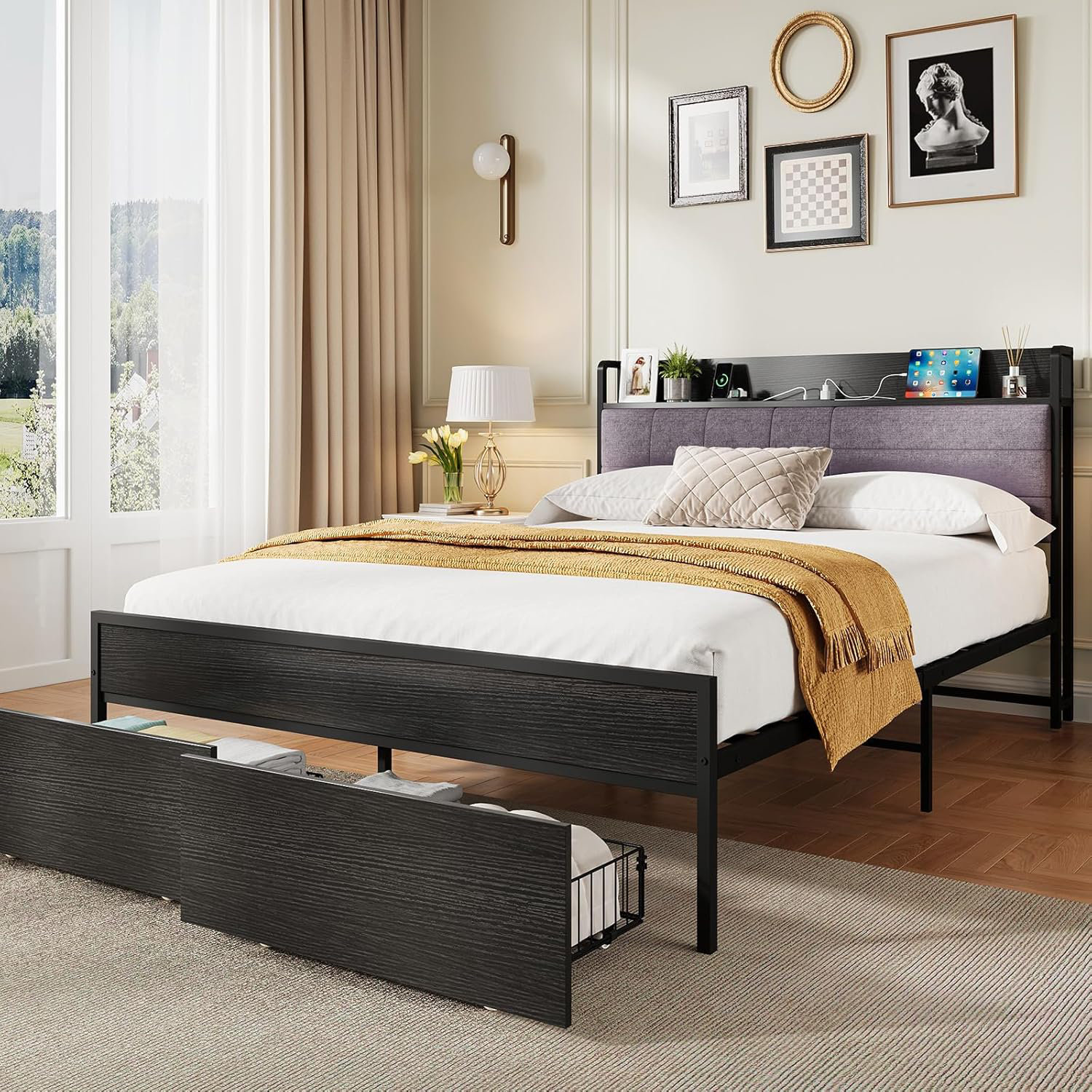 Ebern Designs Full Black Platform Bed Frame with Headboard, Storage ...