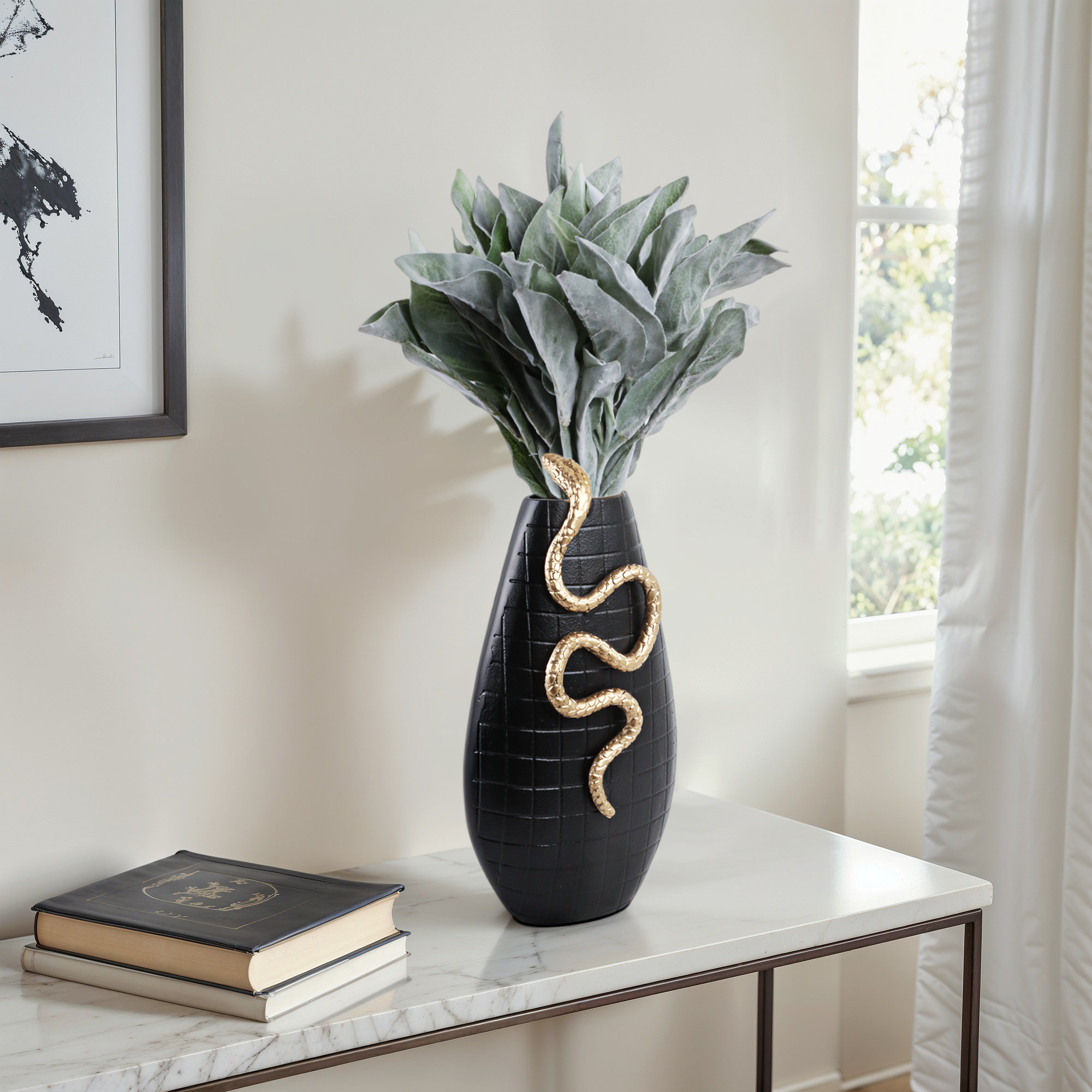 Mercer41 Curved Snake On Vase, Black/Gold | Wayfair