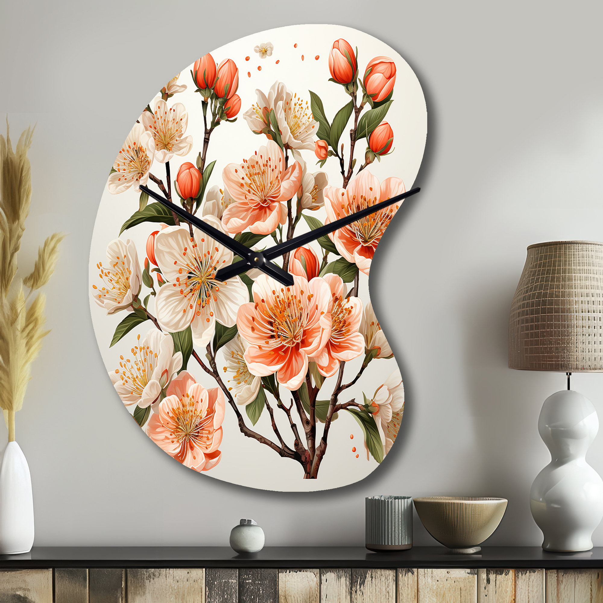 Design Art Peach Blossom Bliss IV - Boom Shape Unique Floral Wall Clock ...