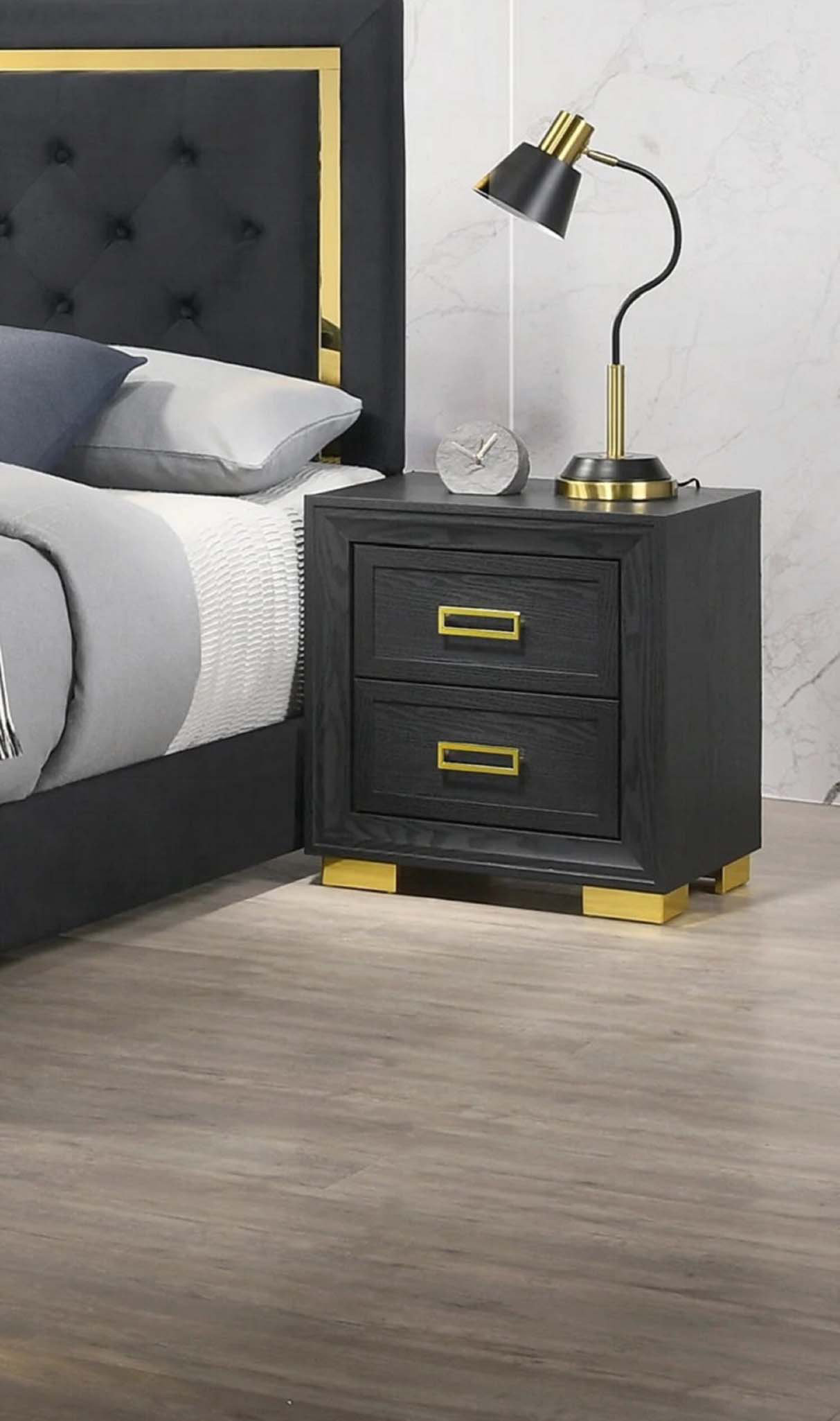 Mercer41 Glamorous 1pc Modern Glam Style 2-Drawer Nightstand Black Gold ...