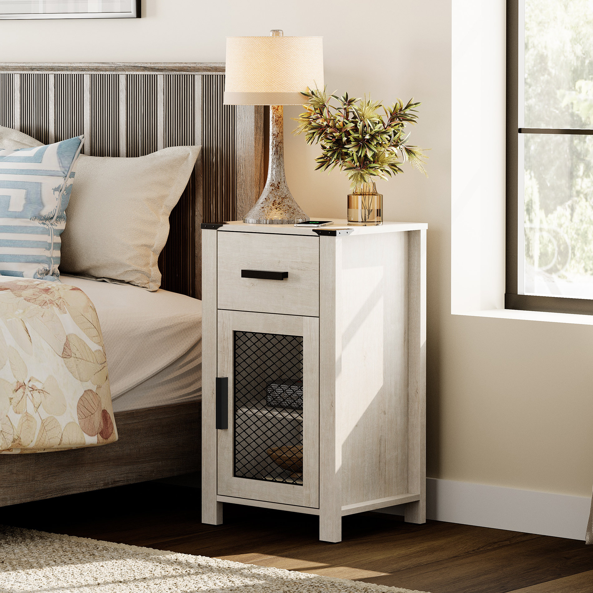Gracie Oaks Farmhouse Nightstand With Drawer And Rustic Mesh Door ...