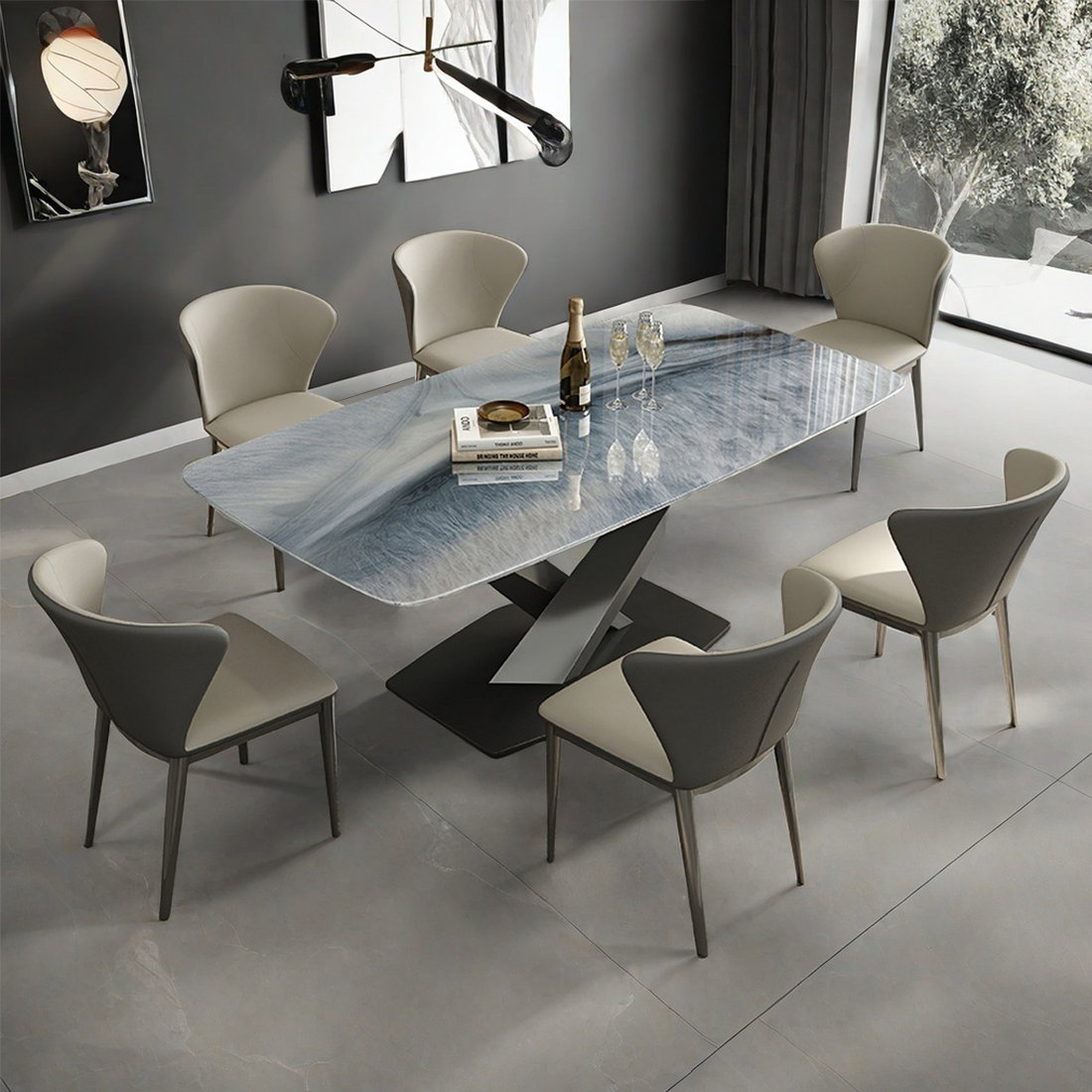 ALLNICEDT Simple Blue Microlite Rectangular Dining Table Set | Wayfair