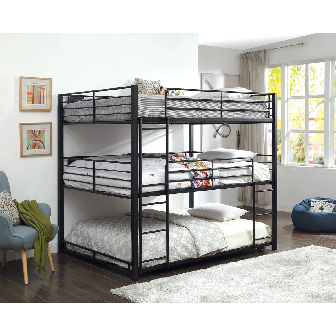17 Stories Contemporary Design Queen Triple Decker Bed With Guard Rails ...