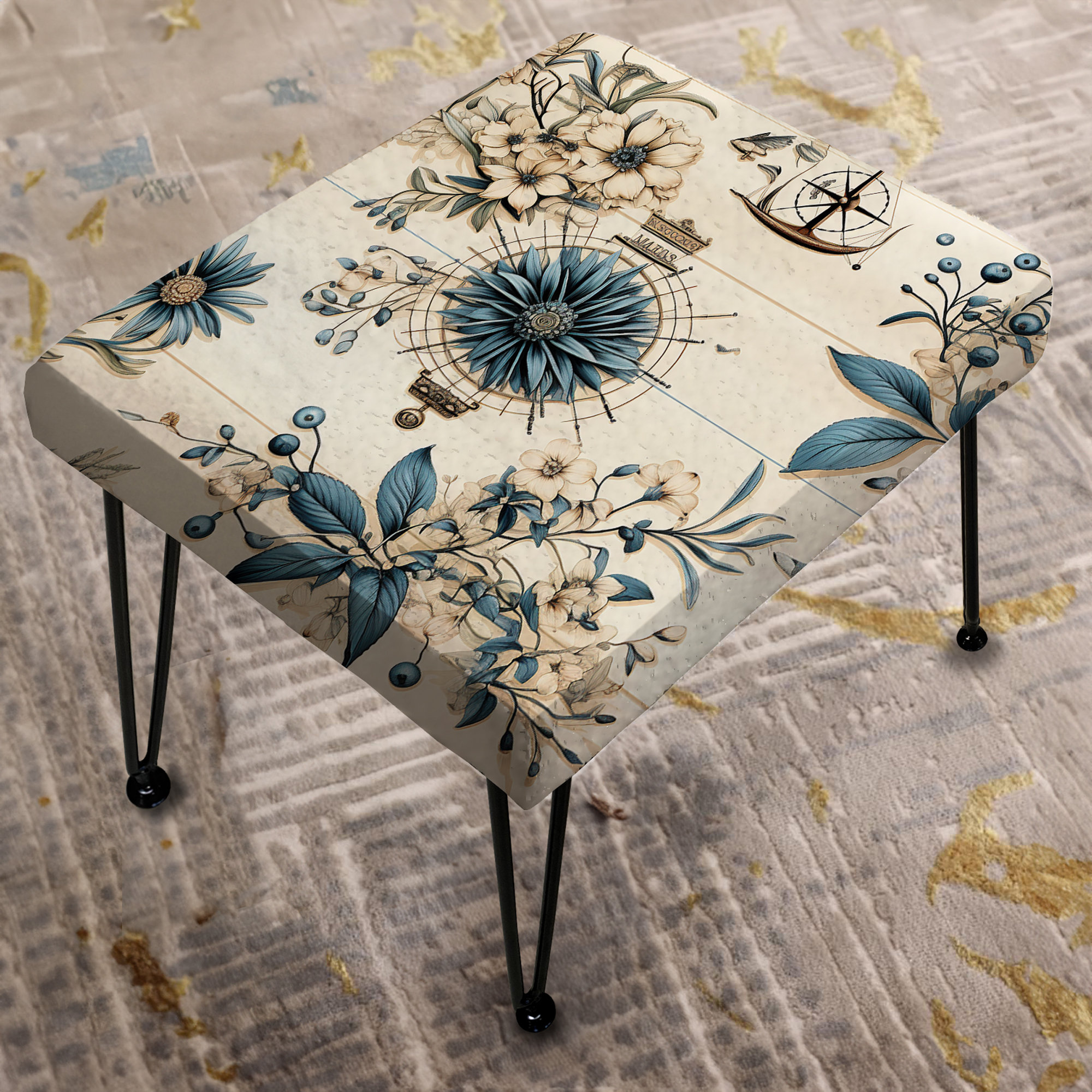 Design Art Vintage Nautical Floral Compass Journey - Coastal Rectangle Ottoman | Wayfair