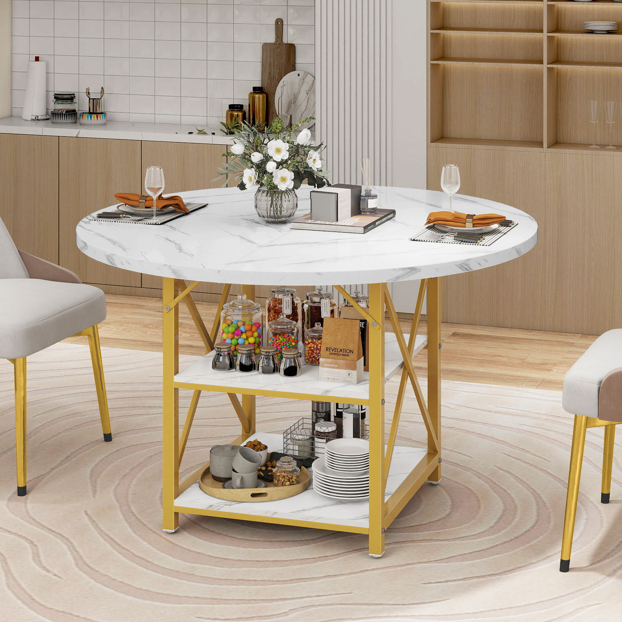 Gracie Oaks Mychelle 47" Round Metal Base Dining Table with 2 Storage ...