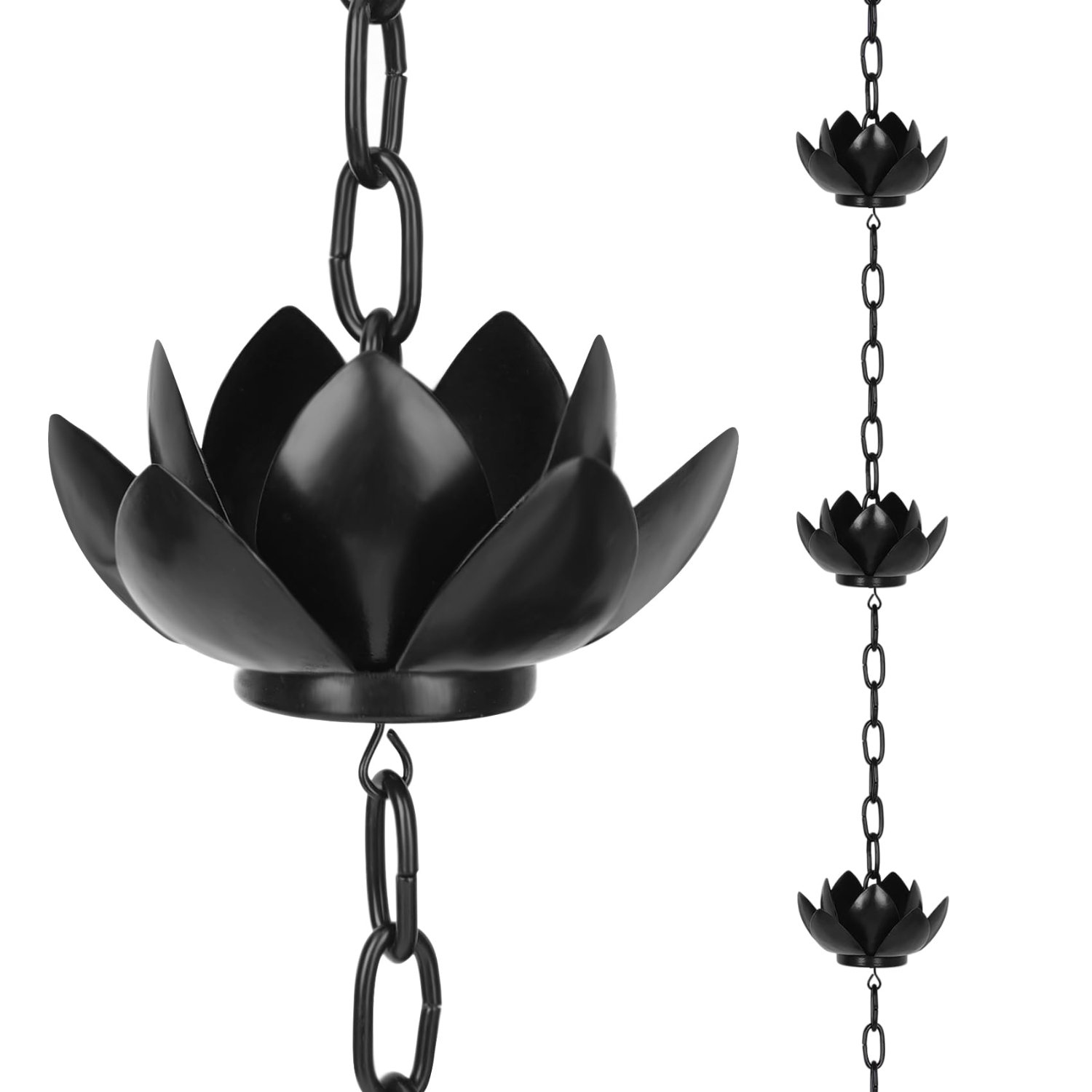 Hokku Designs 8.5ft Black Rain Chain for Outside, Black Plated Lotus ...