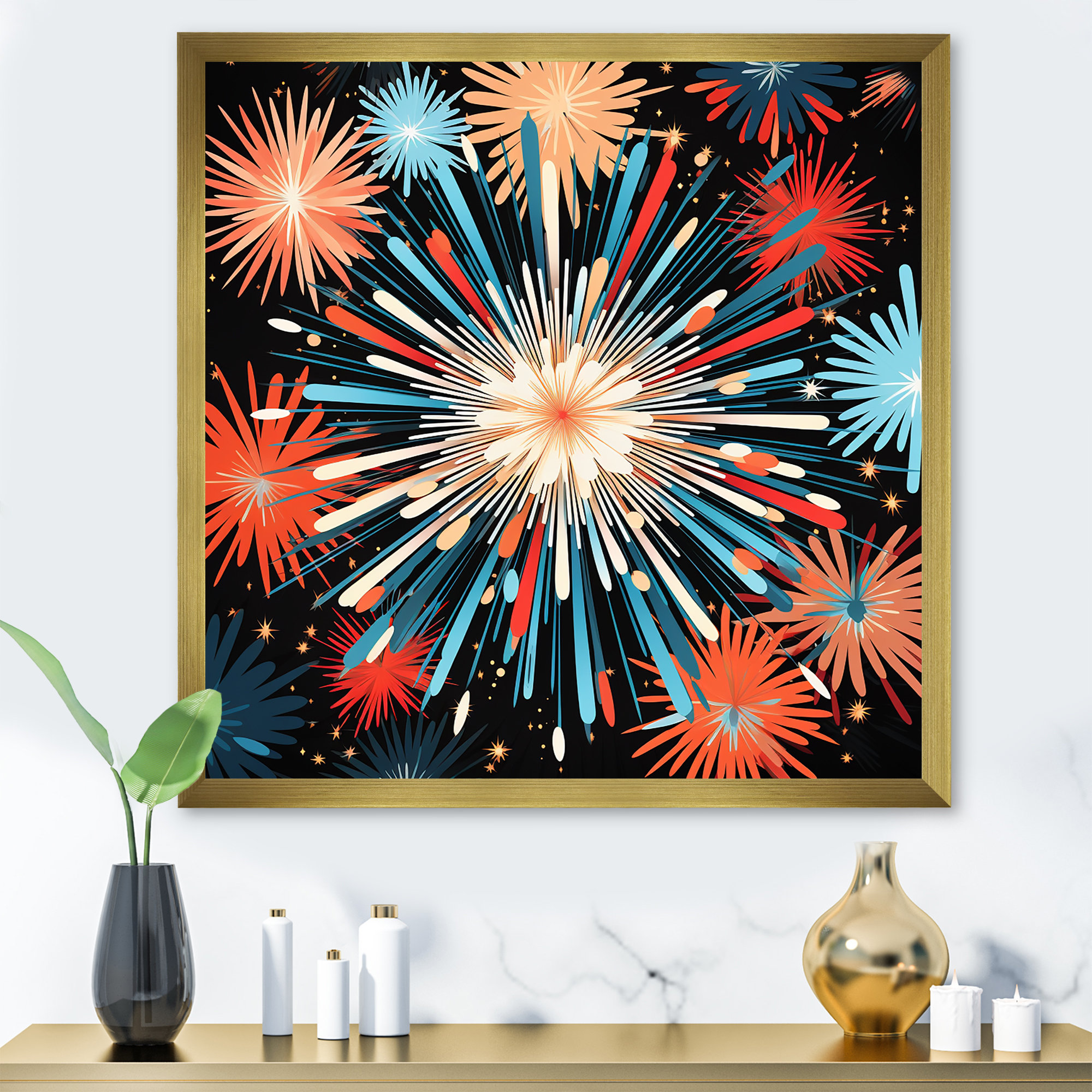 Ebern Designs Blue And Yellow Fireworks Illumination 1 - Fireworks Wall ...