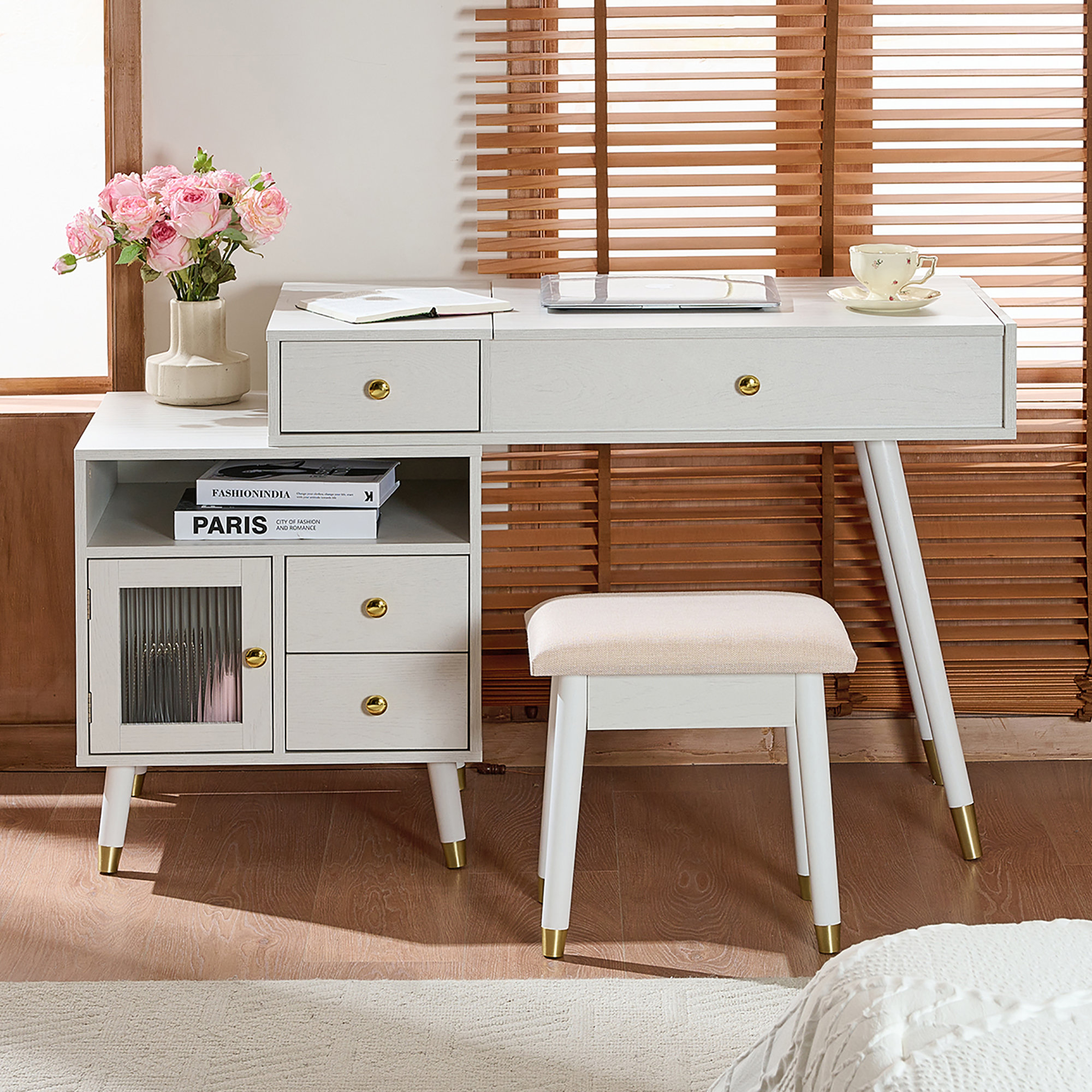 George Oliver 3-in-1 Vanity Desk with Lighted Flip-Top Mirror ...