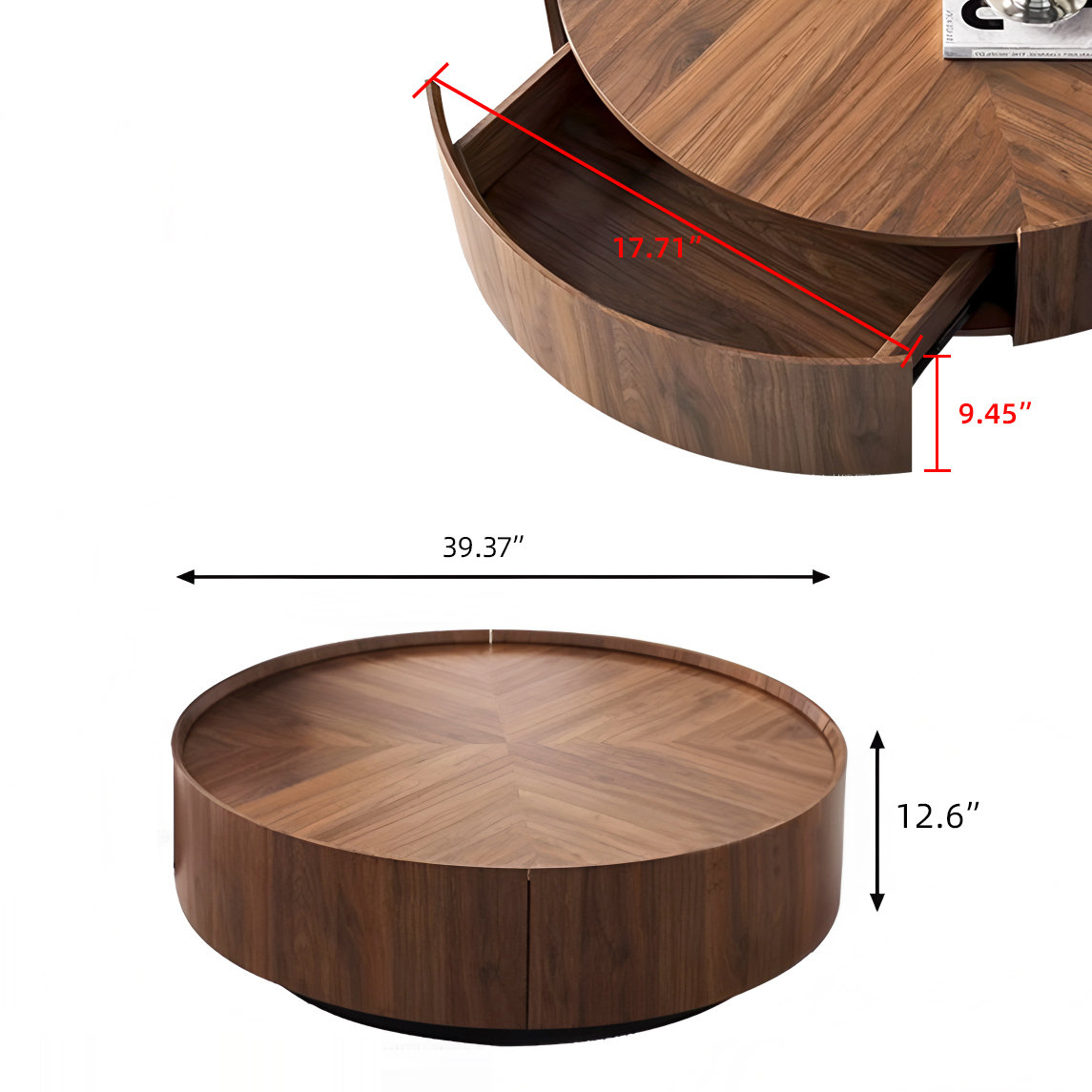 Loon Peak® Walnut Round Coffee Table with Hidden Storage Drawers,No ...