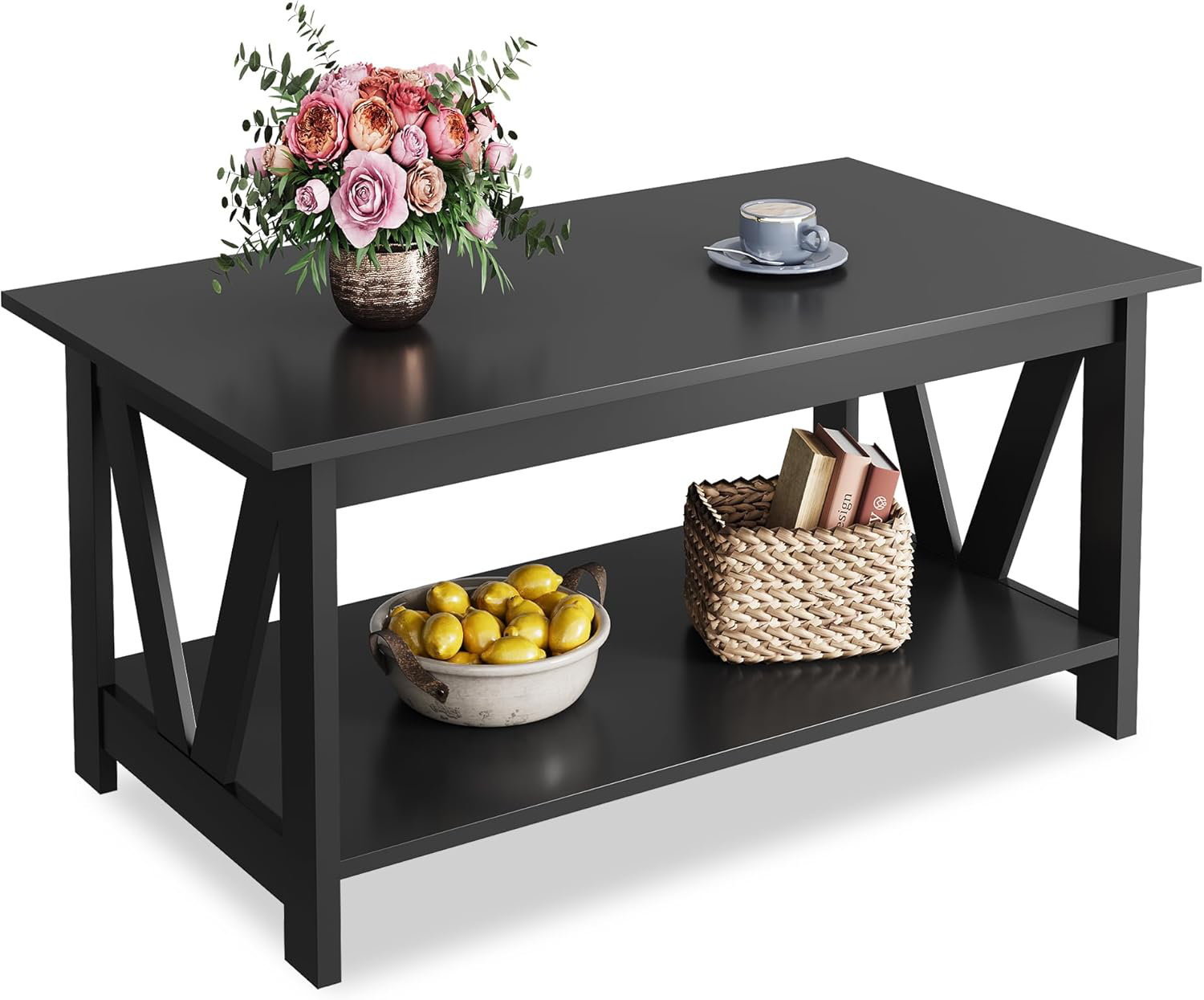 Gracie Oaks Coffee Table With Storage Shelf, 39.4" Farmhouse Coffee ...