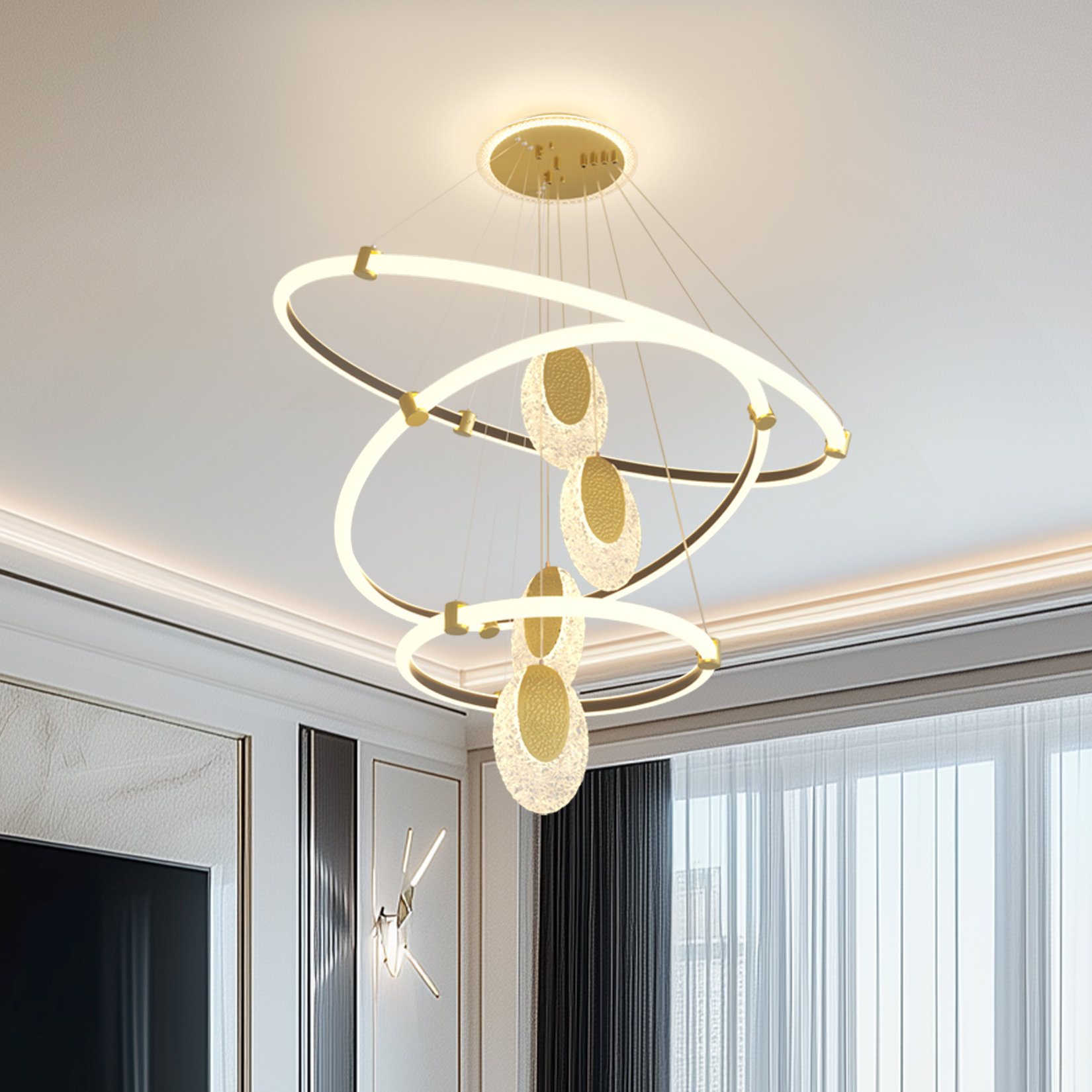 Mercer41 3-Layers LED Ring Chandelier Lamp Ceiling Tiered Geometric ...
