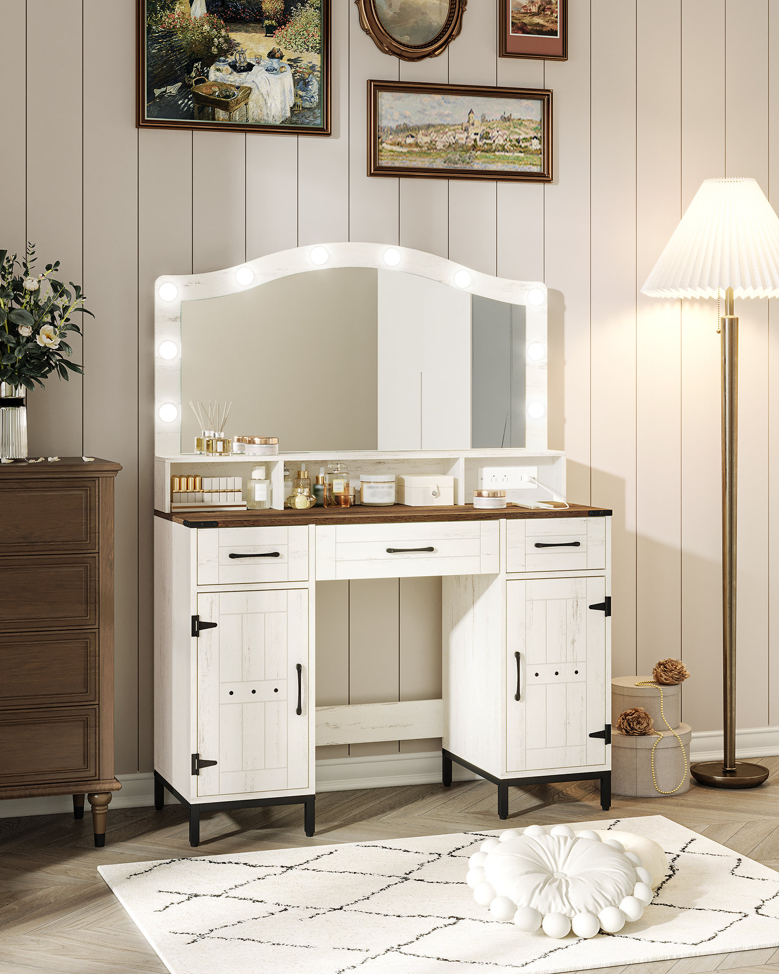 Gracie Oaks Dressing Table with Large Mirror for Bedroom, White Vanity ...