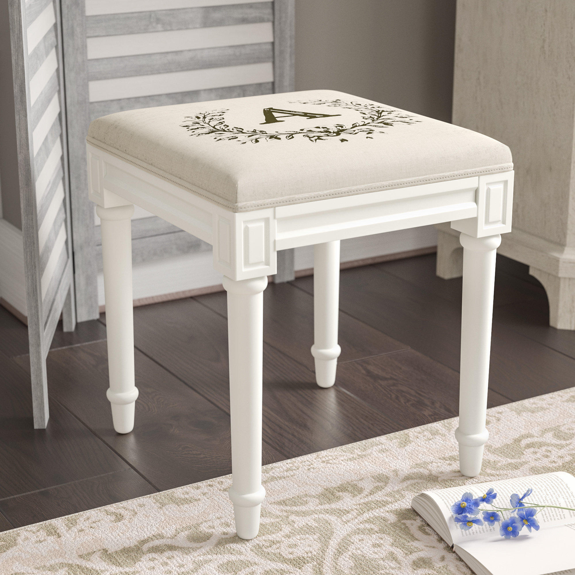 Ophelia & Co. Initial A-Grey Vanity Stool with White Base and Double ...