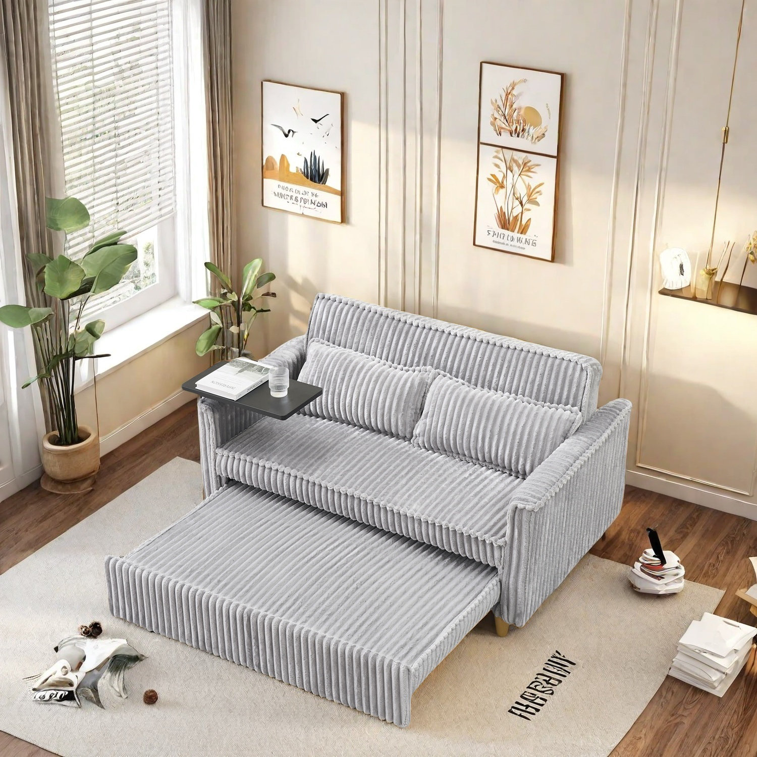 Mercer41 Convertible Corduroy Sofa Bed With Movable Tabletops ...
