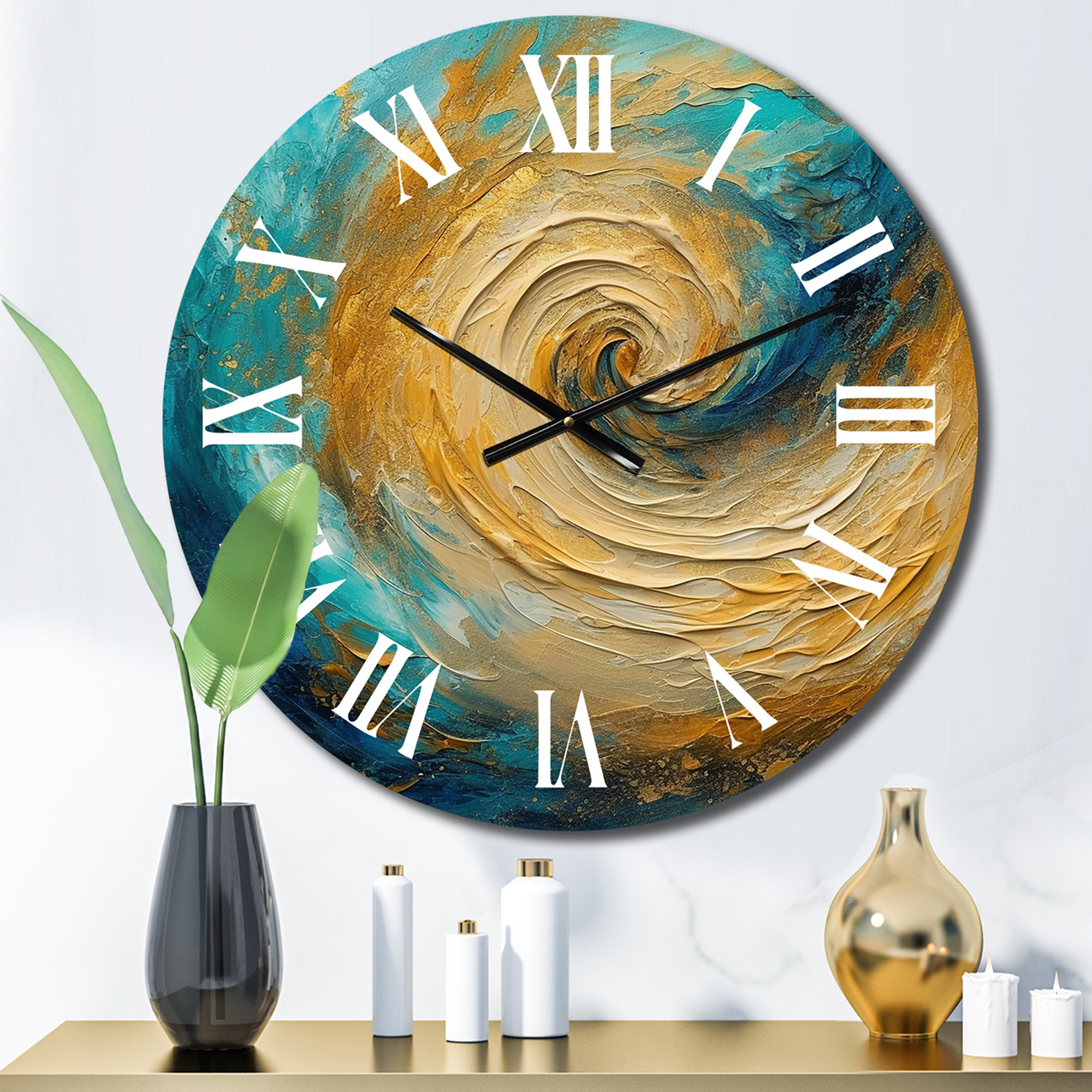 Design Art Golden Ocean Swirling Waves Painting III Metal Wall Clock ...