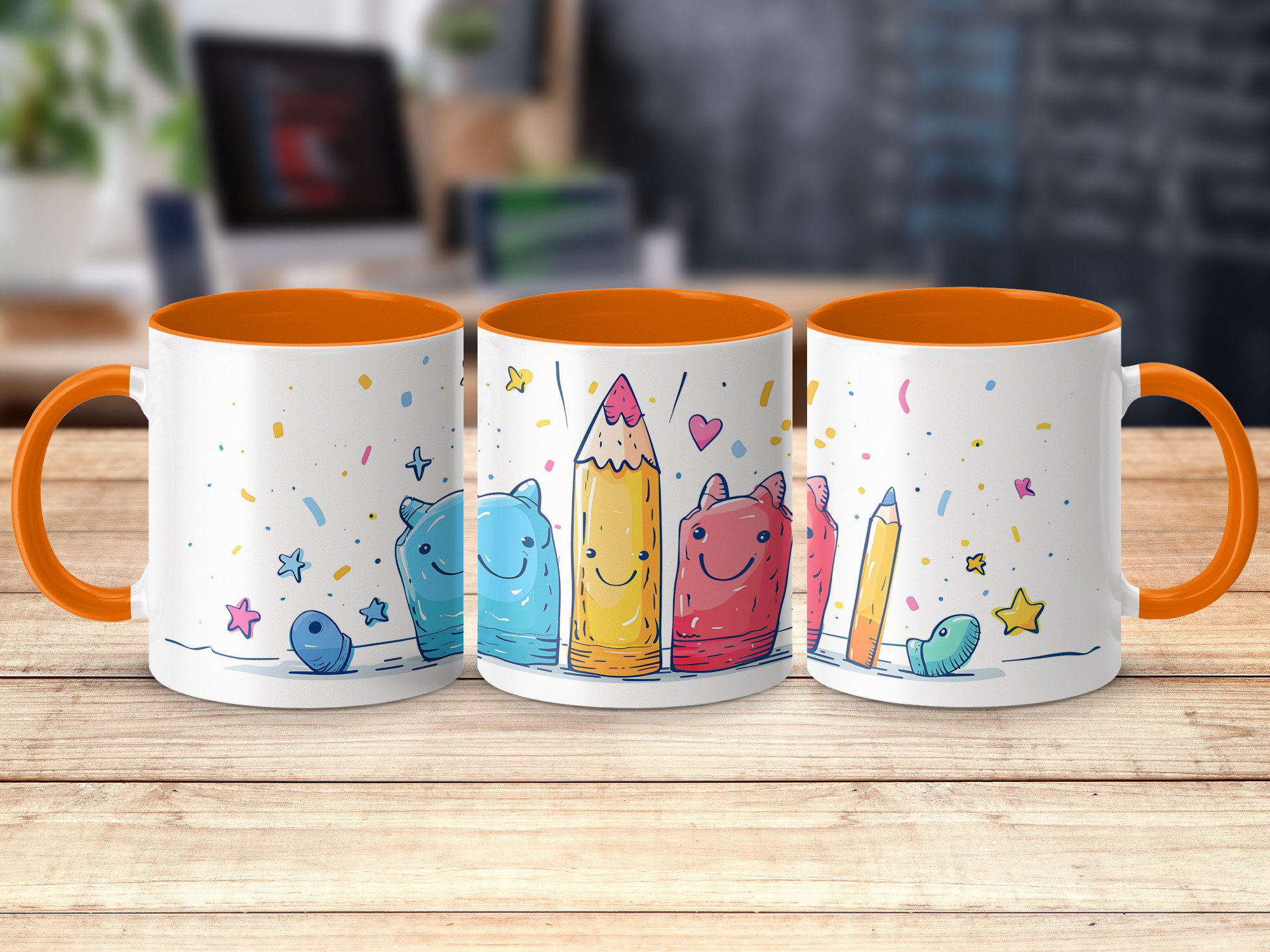 East Urban Home Set of 3 Kids Drawing Style 11oz Accent Mugs – White ...
