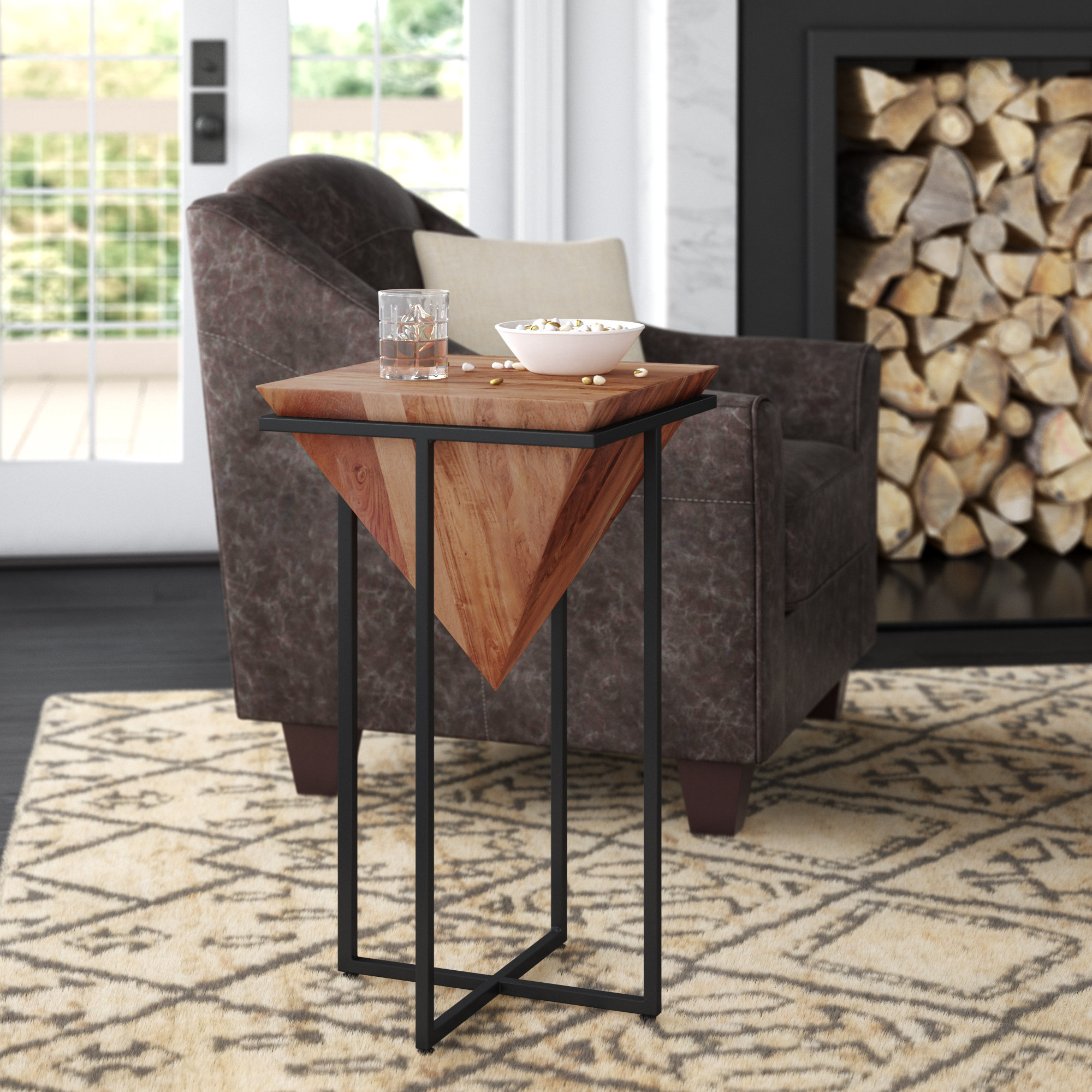 Union Rustic Cherine Pyramid Shape Acacia Wood Side Table With Cross ...