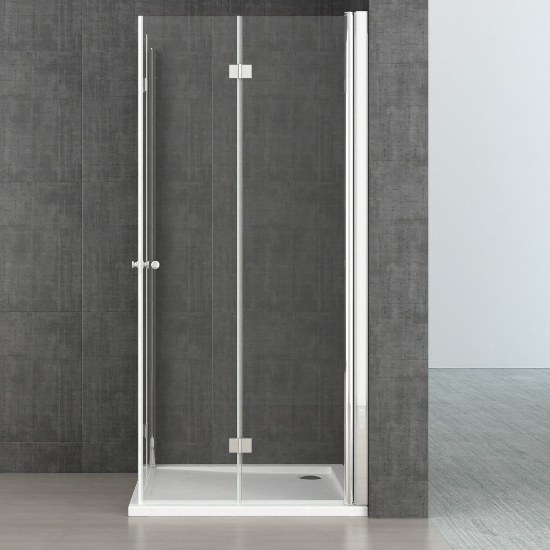 Brayden Studio Double Bifold Doors Shower Enclosure with Anti Slip Tray Transparent L Shape ...