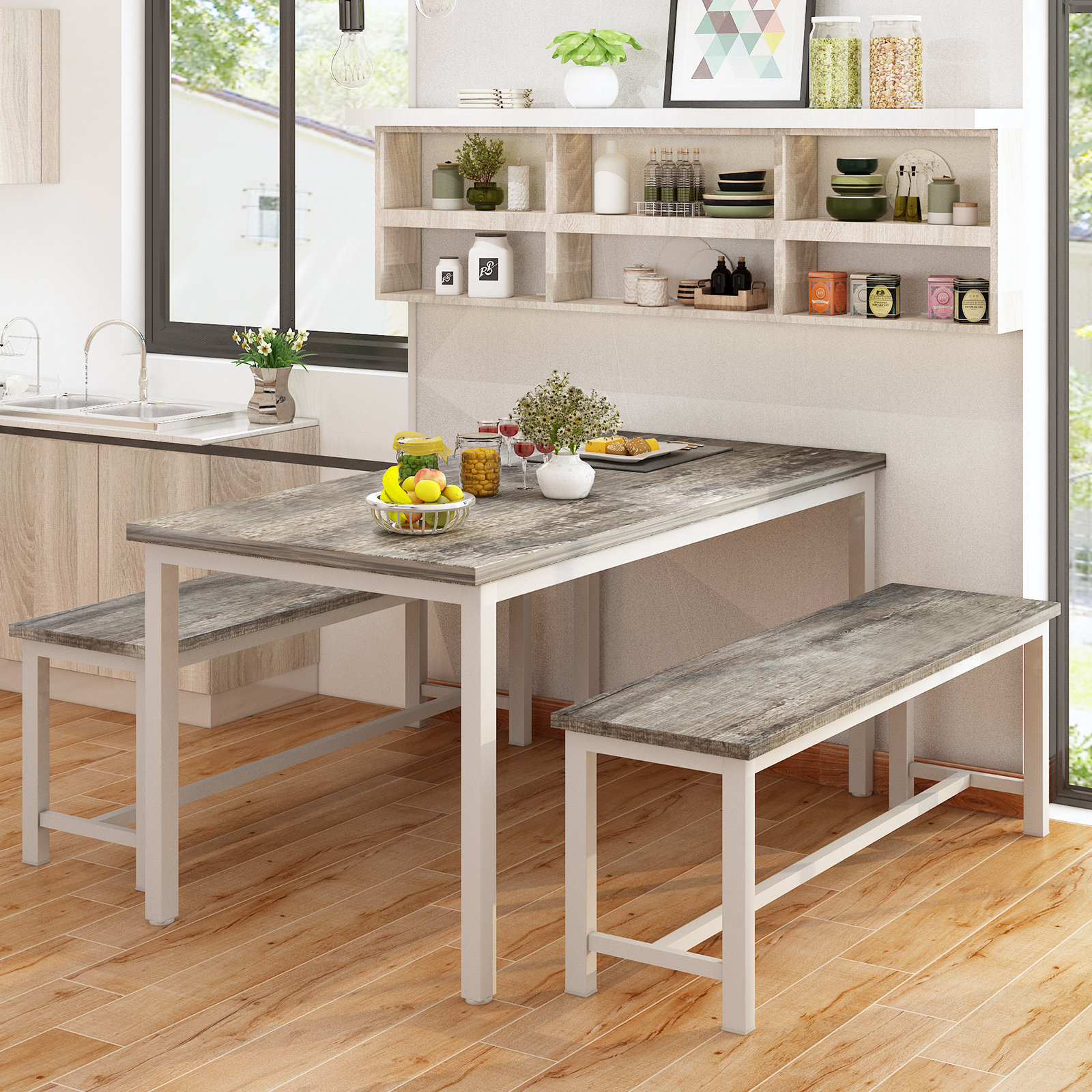 Wrought Studio Rectangle Dining Table With 2 Benches Set, Retro ...