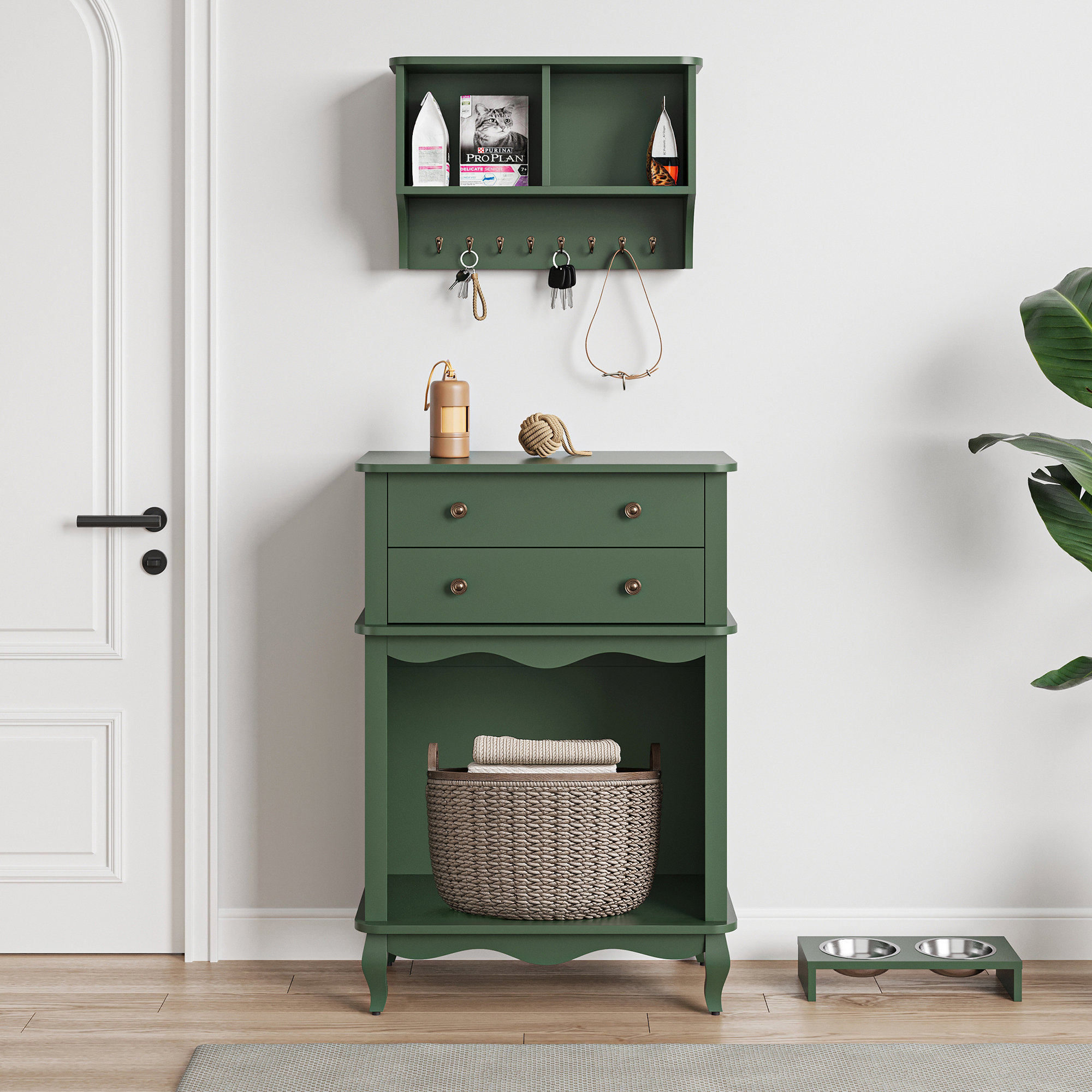 Green4ever 2-Drawer Accent Cabinet with Pet Bed Function,Elevated Bowls ...