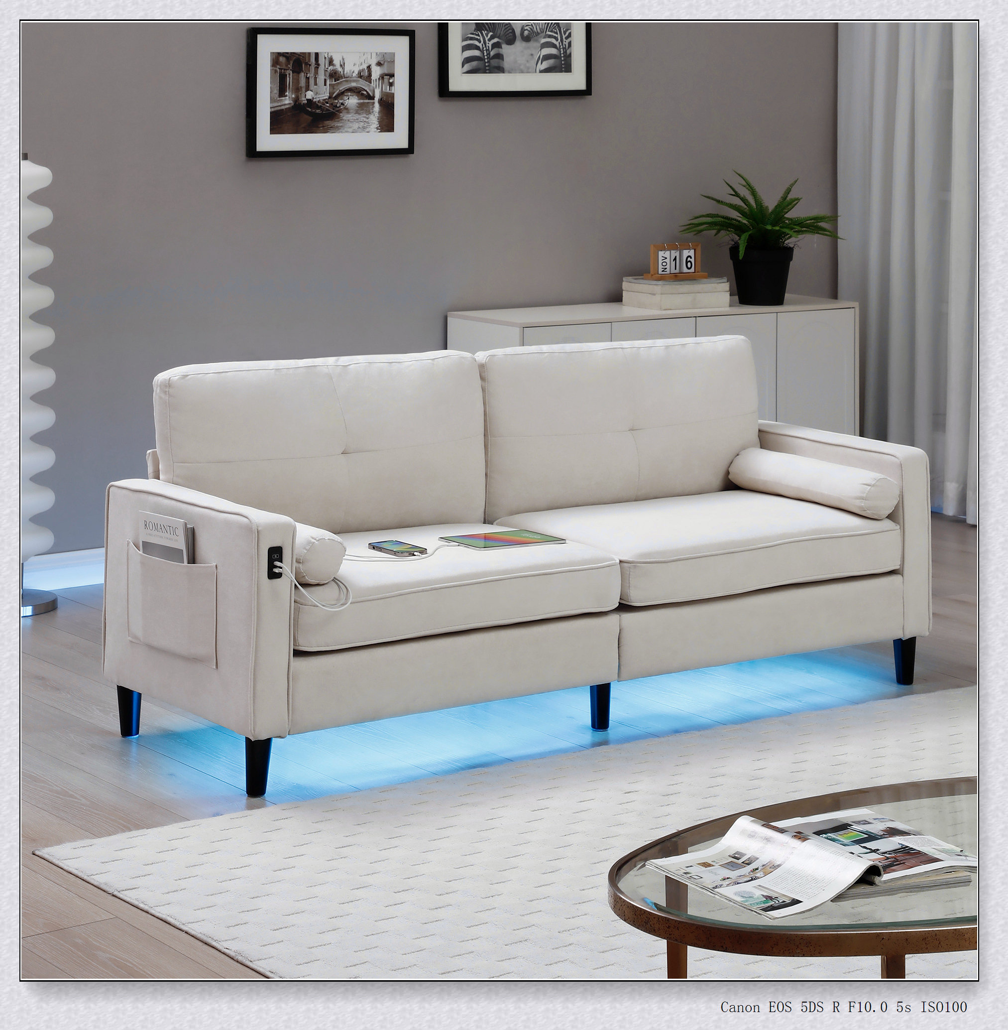 Wrought Studio 75.2" Sofa Couch with 2 Side Pockets, 2 USB Ports and ...