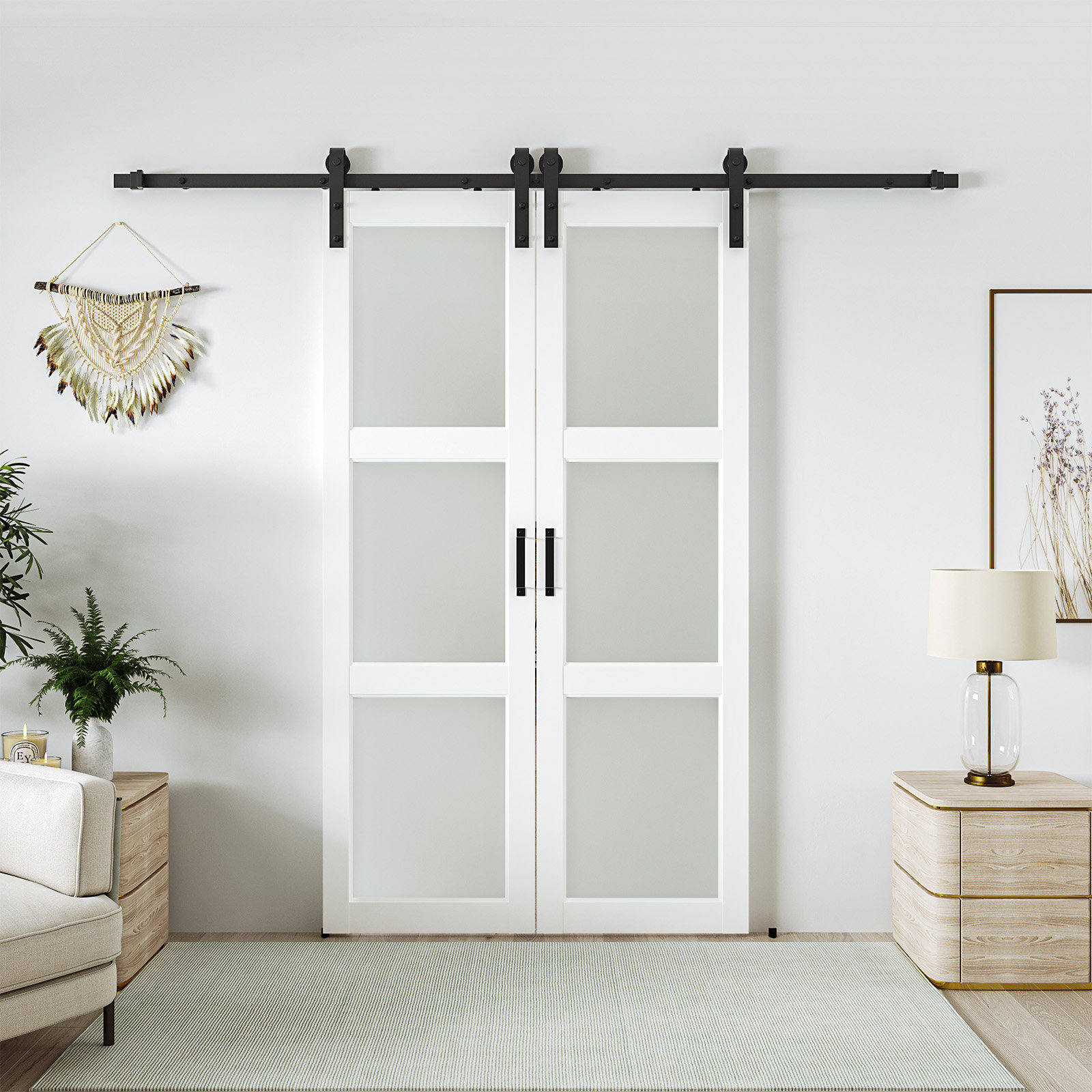 Smartstandard 3 Lite Frosted Glass Paneled Double Sliding Barn Doors