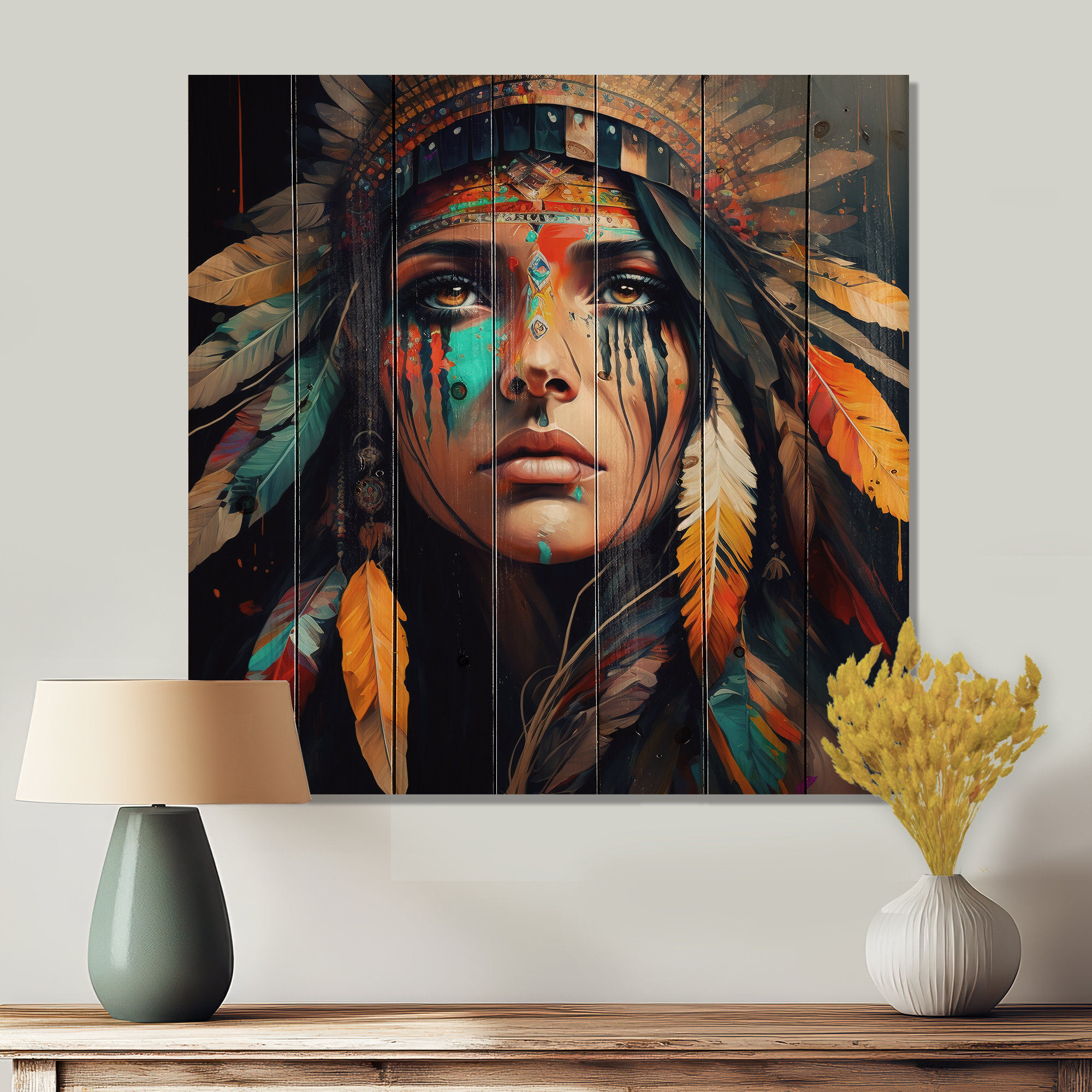 Design Art Colorful Native American Woman III - Fashion Wood Wall Decor ...