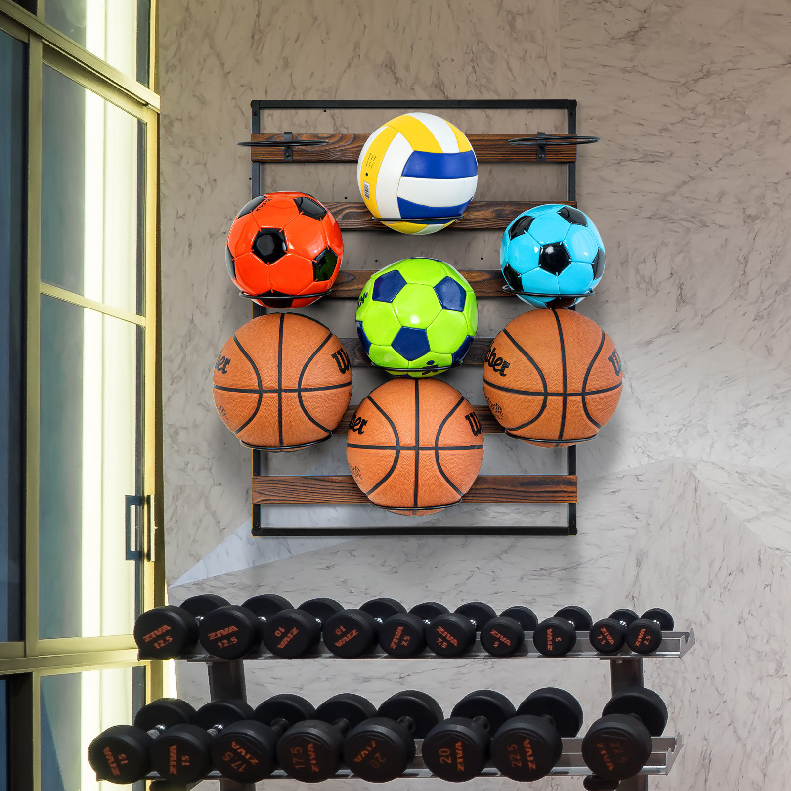 17 Stories 9-Hook Industrial Metal Solid Wood Sports Ball Rack | Wayfair
