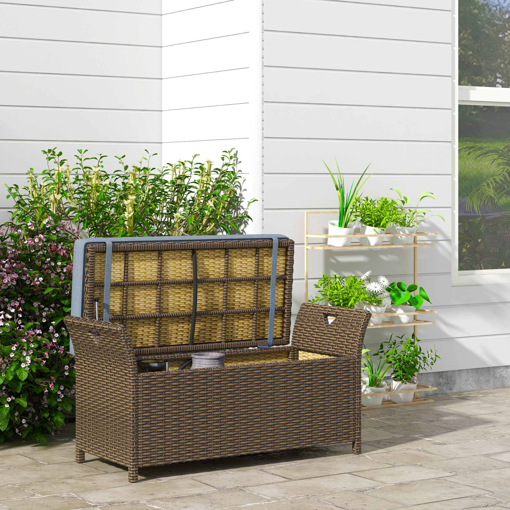 Outsunny Wicker Storage Bench in Brown | Wayfair