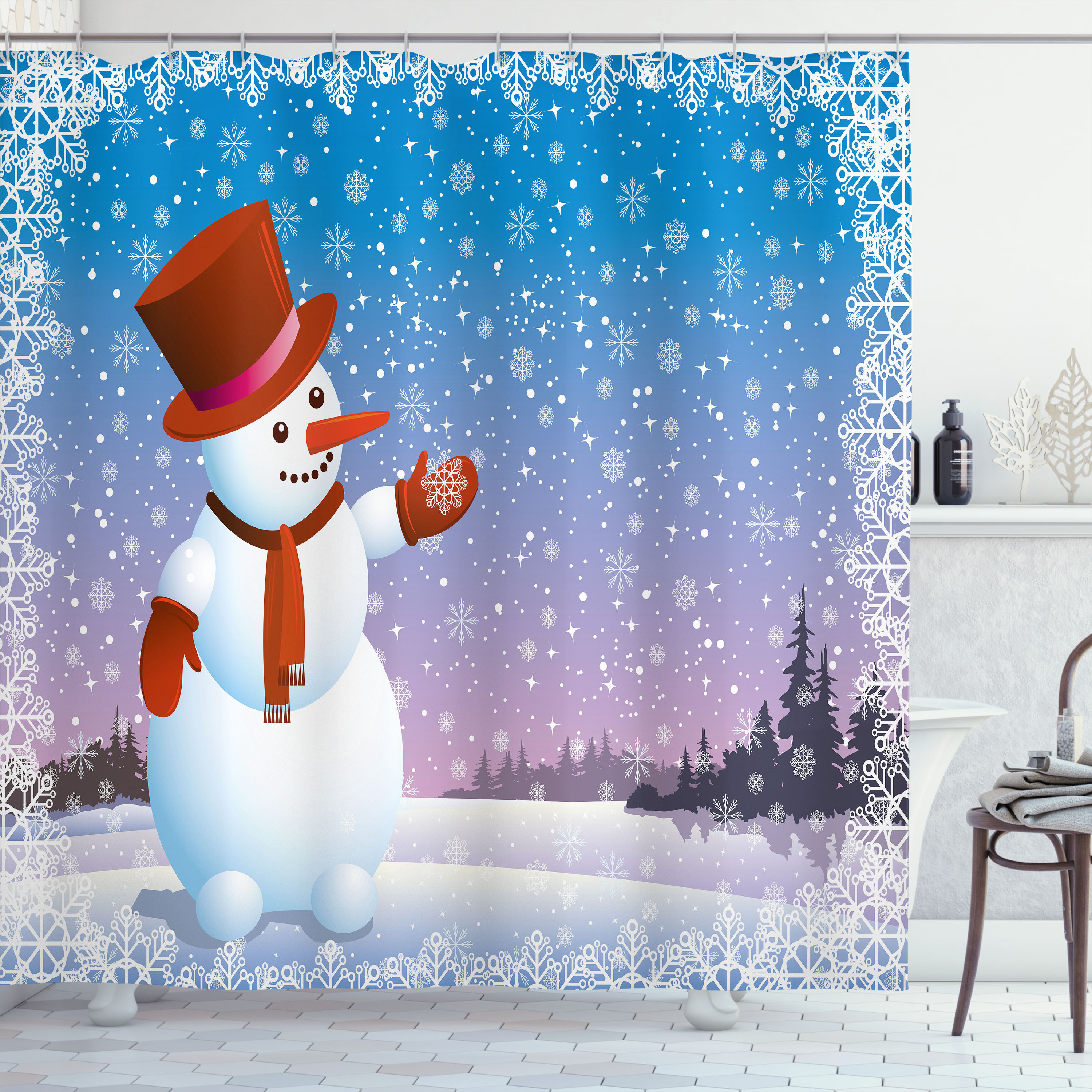 The Holiday Aisle® Snowman Shower Curtain Happy Cartoon Snowfall ...