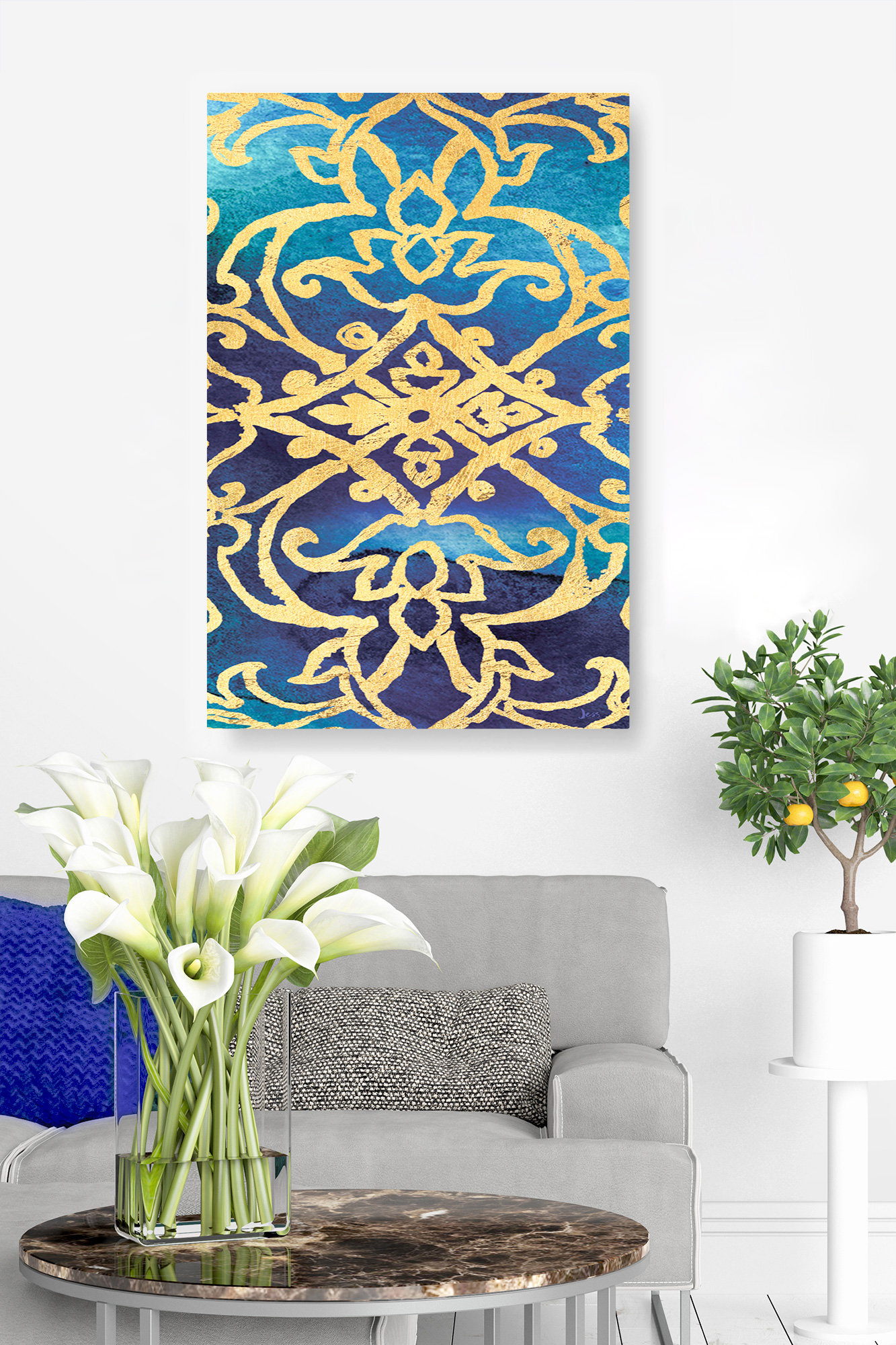 Red Barrel Studio® Blue And Gilded Gold Damask, Blue, Gold, Abstract ...