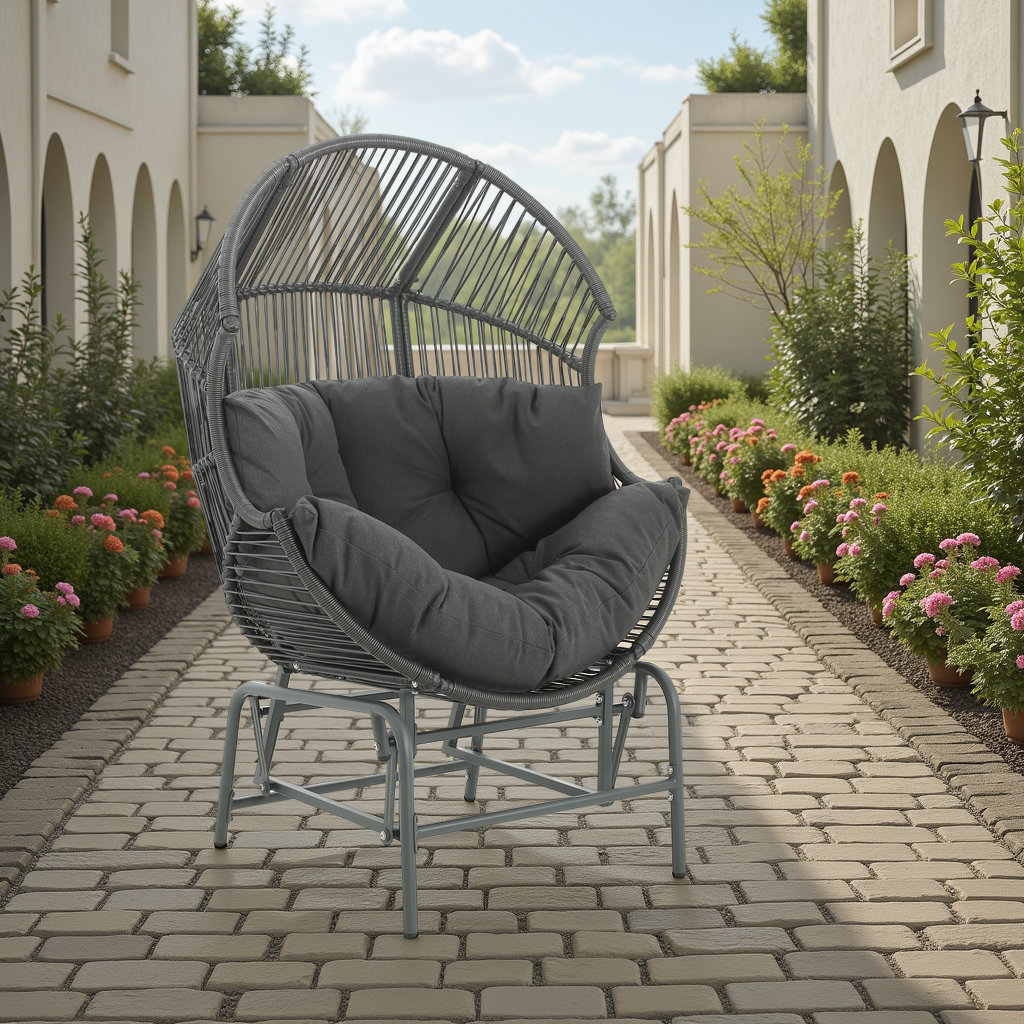 Dakota Fields Outdoor Rattan Glider Rocking Chair with Cushions ...