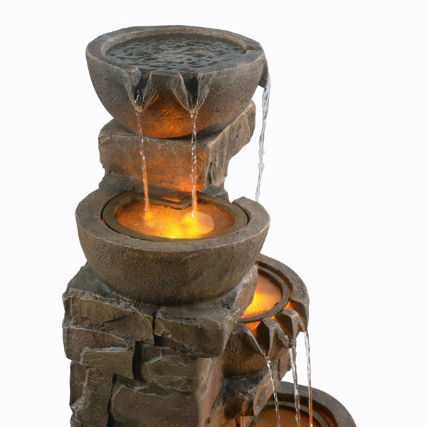 Ivy Bronx Cuvier Cascading Bowls & Stacked Stones LED Outdoor Water ...