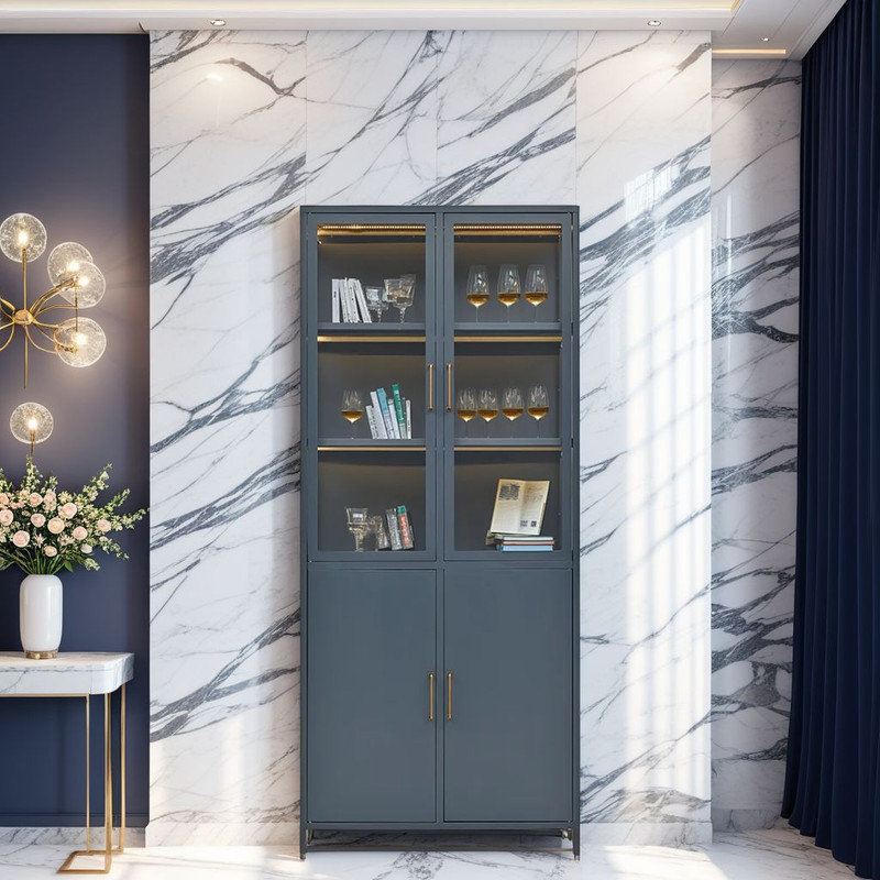 Ebern Designs ??Modern Glass Display Cabinet – LED Lights, 180° View ...