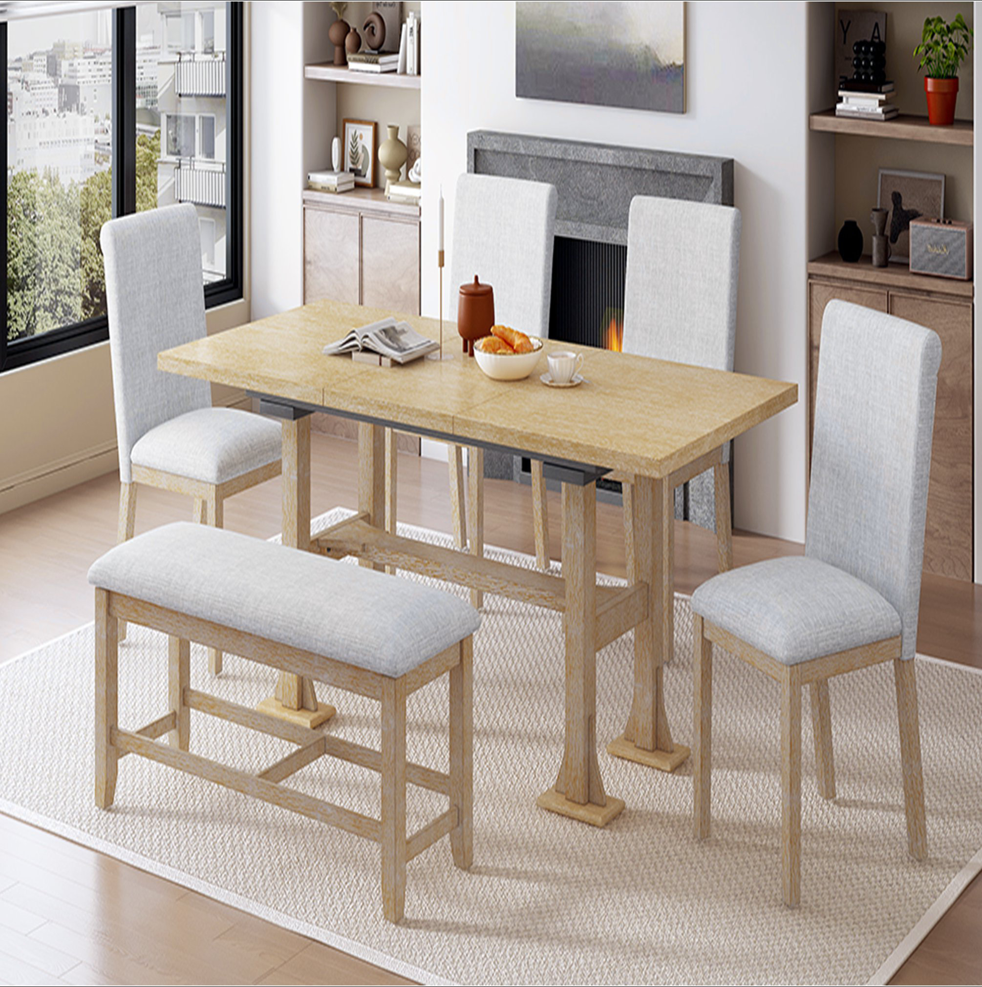One Allium Way Farmhouse 76inch 6-Piece Extendable Dining Table Set ...