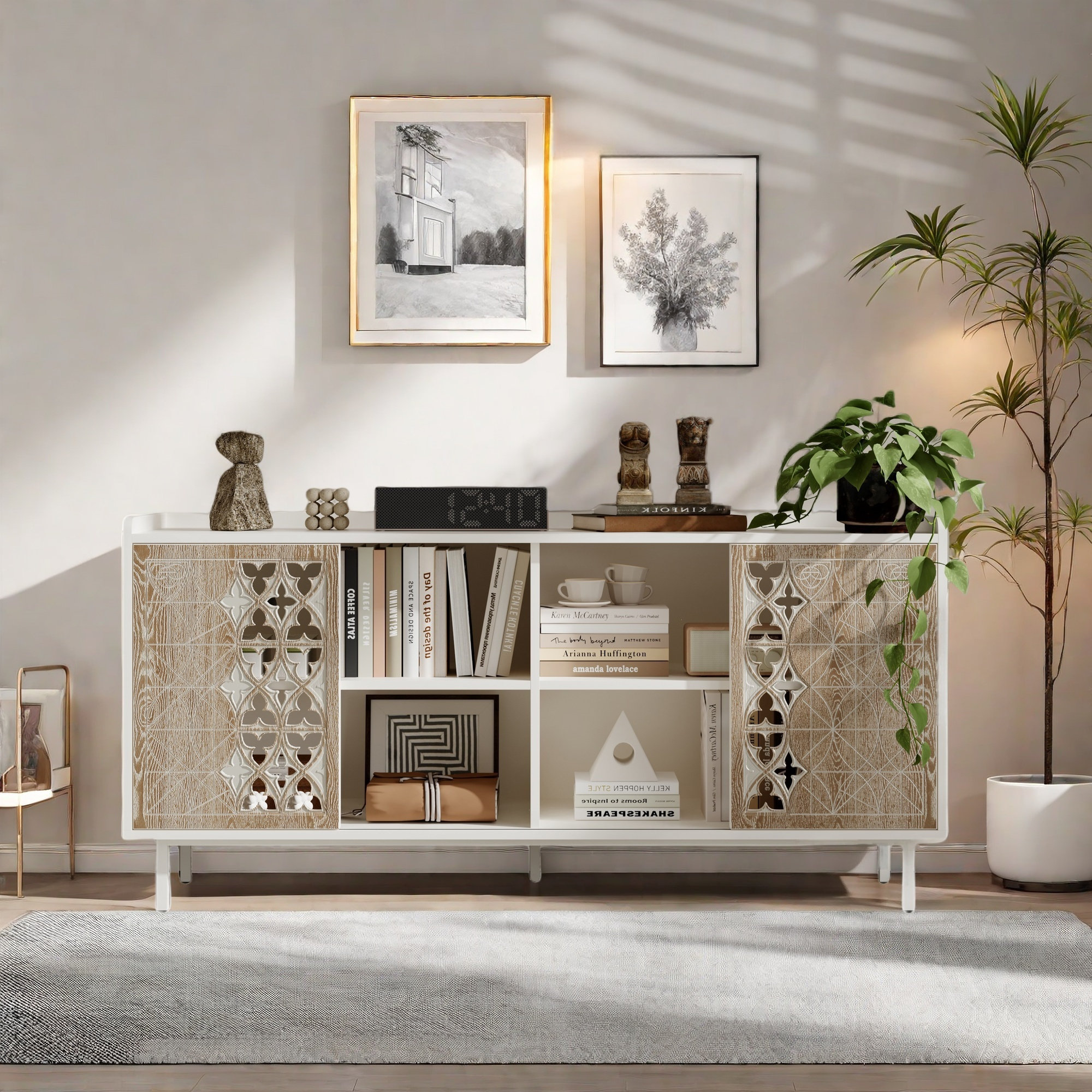 Ophelia & Co. Mid Century Sideboard With 2 Sliding Doors, Carving ...