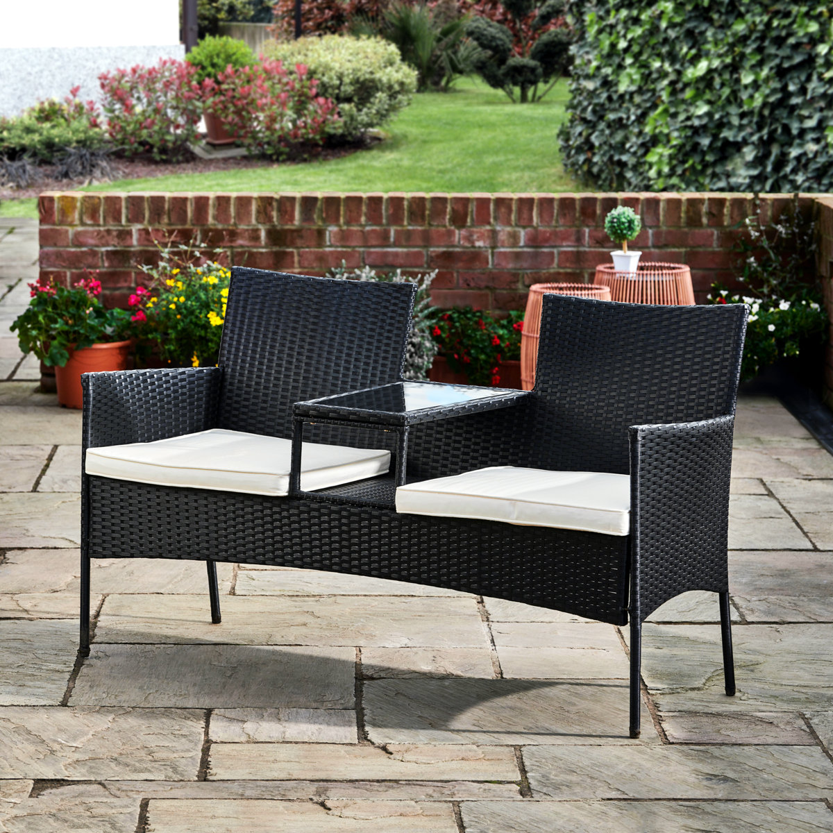 Lark Manor™ Outdoor Wicker Loveseat Bench With Table And Cushions ...