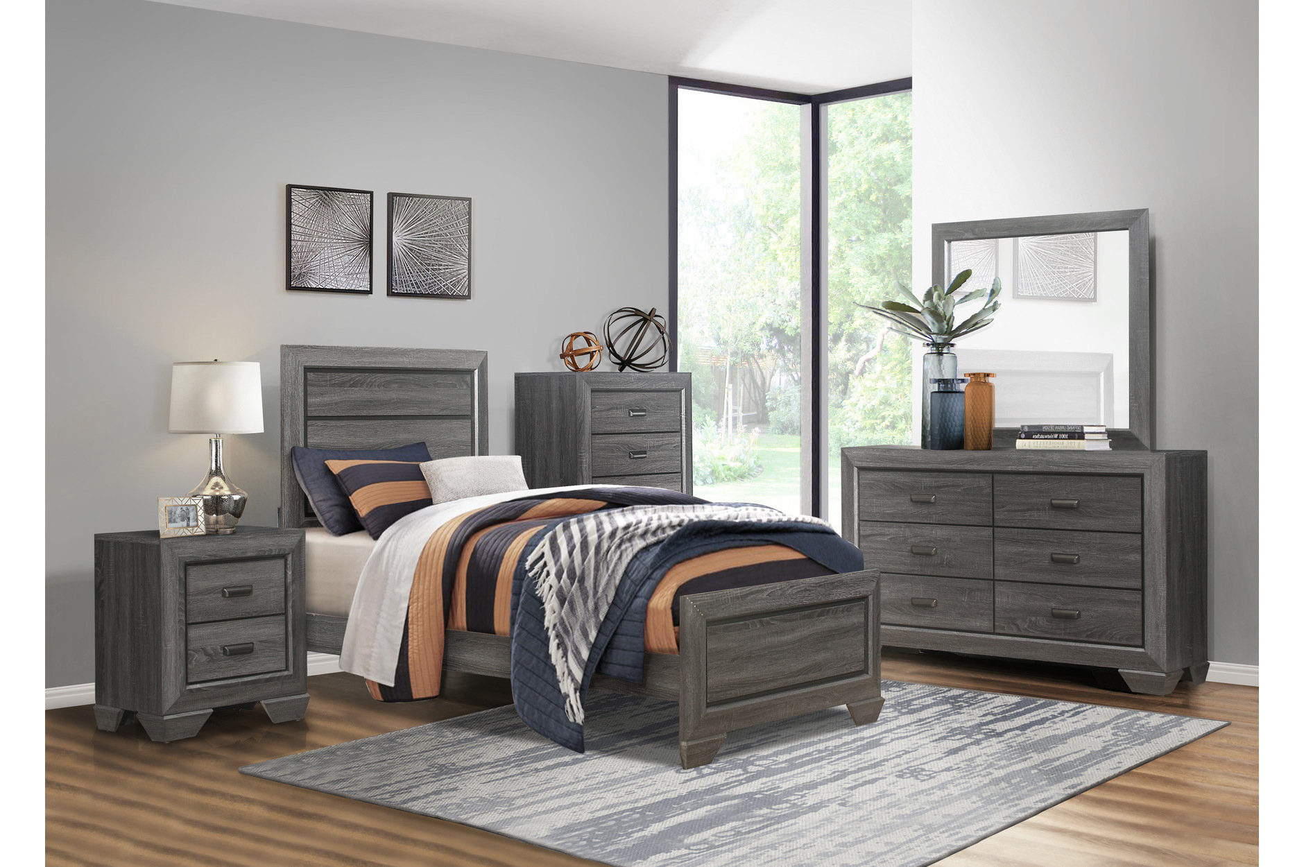 Millwood Pines Perlo Faux Wood Panel Bedroom Set 4 Piece: Bed, Dresser ...