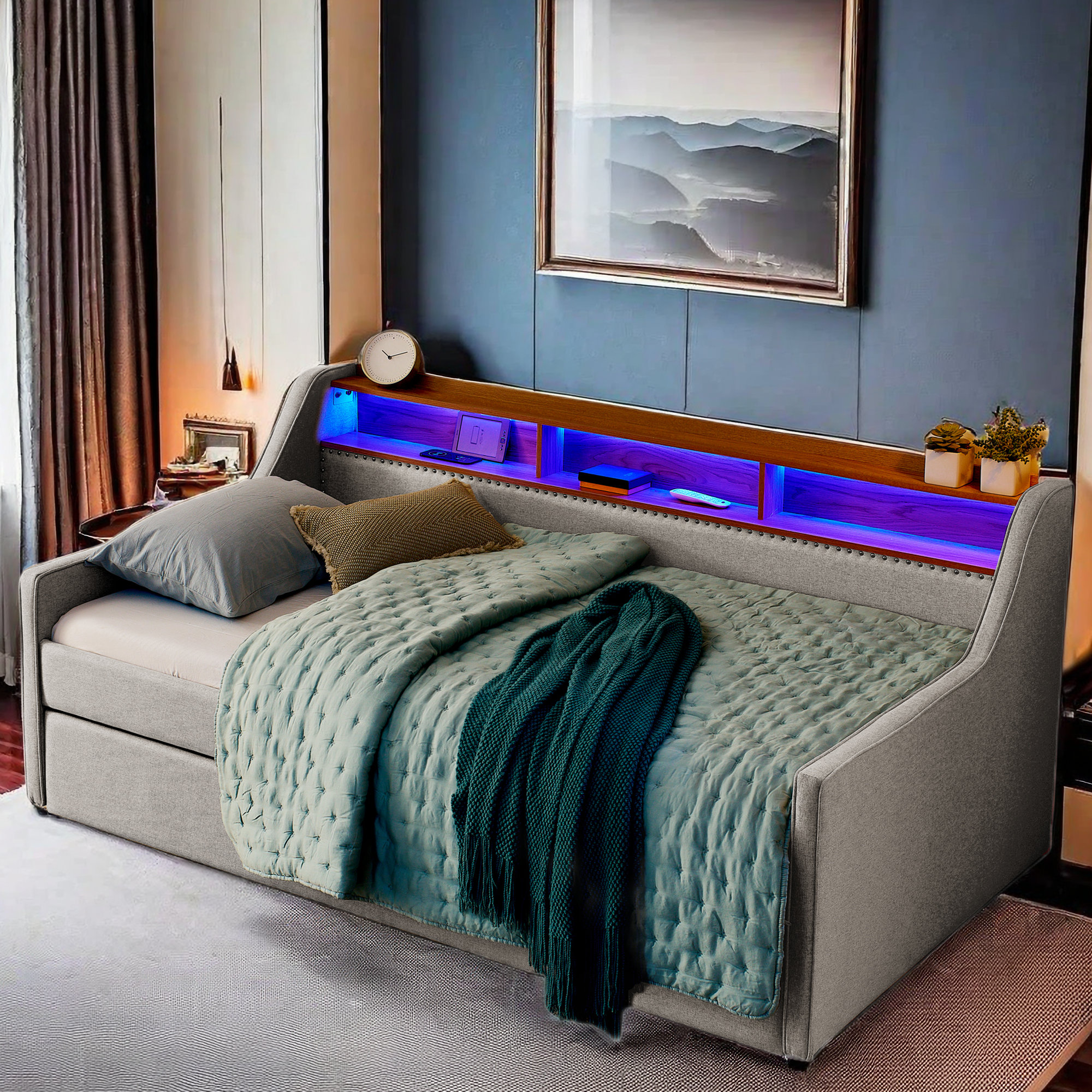 Orren Ellis Darran Upholstery Daybed with Trundle, LED lights, Storage ...