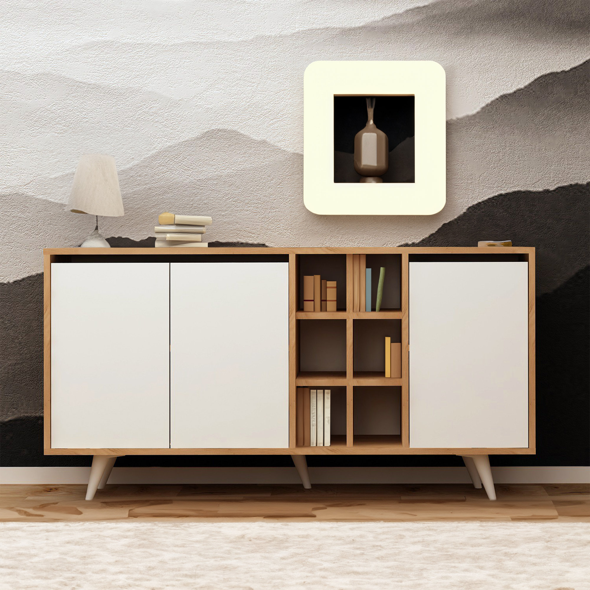 Corrigan Studio Oak & White Color Console Table With 4 Cabinets And 6 ...