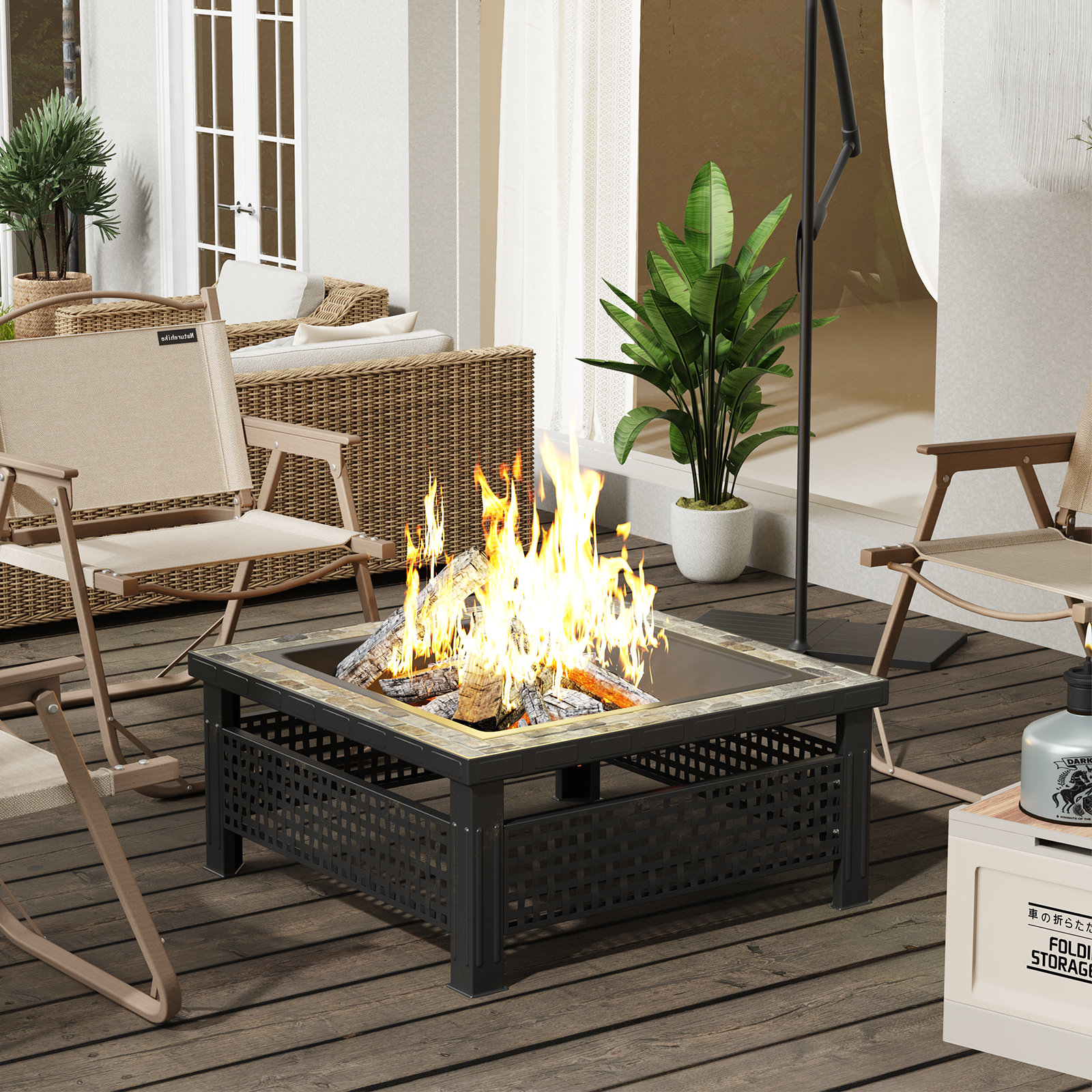 Arlmont & Co. 30 Inch Fire Pit, Square Outdoor Fire Pit Table With Mesh ...