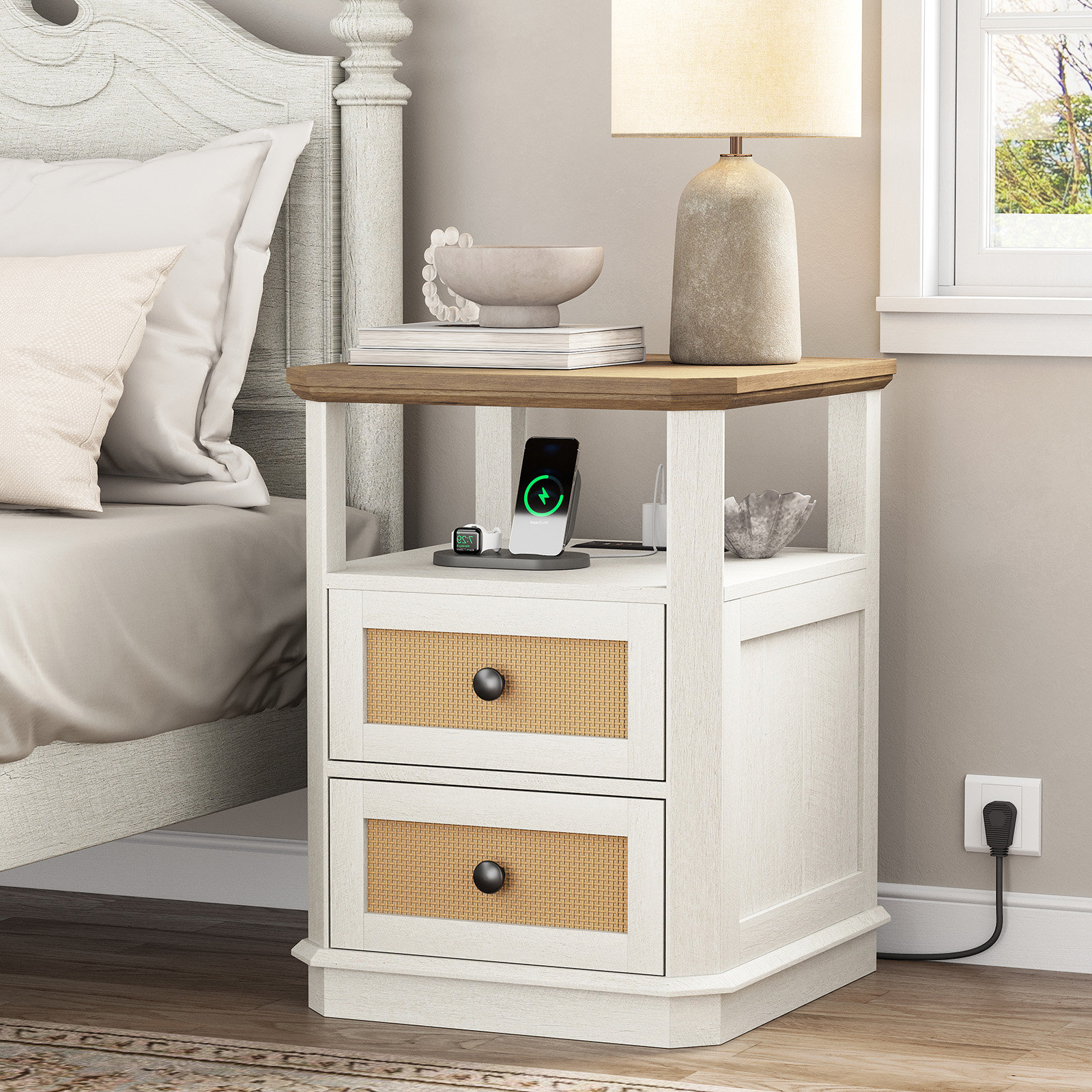 Winston Porter 2 Drawers Rattan Nightstands with Storage and Built-in ...
