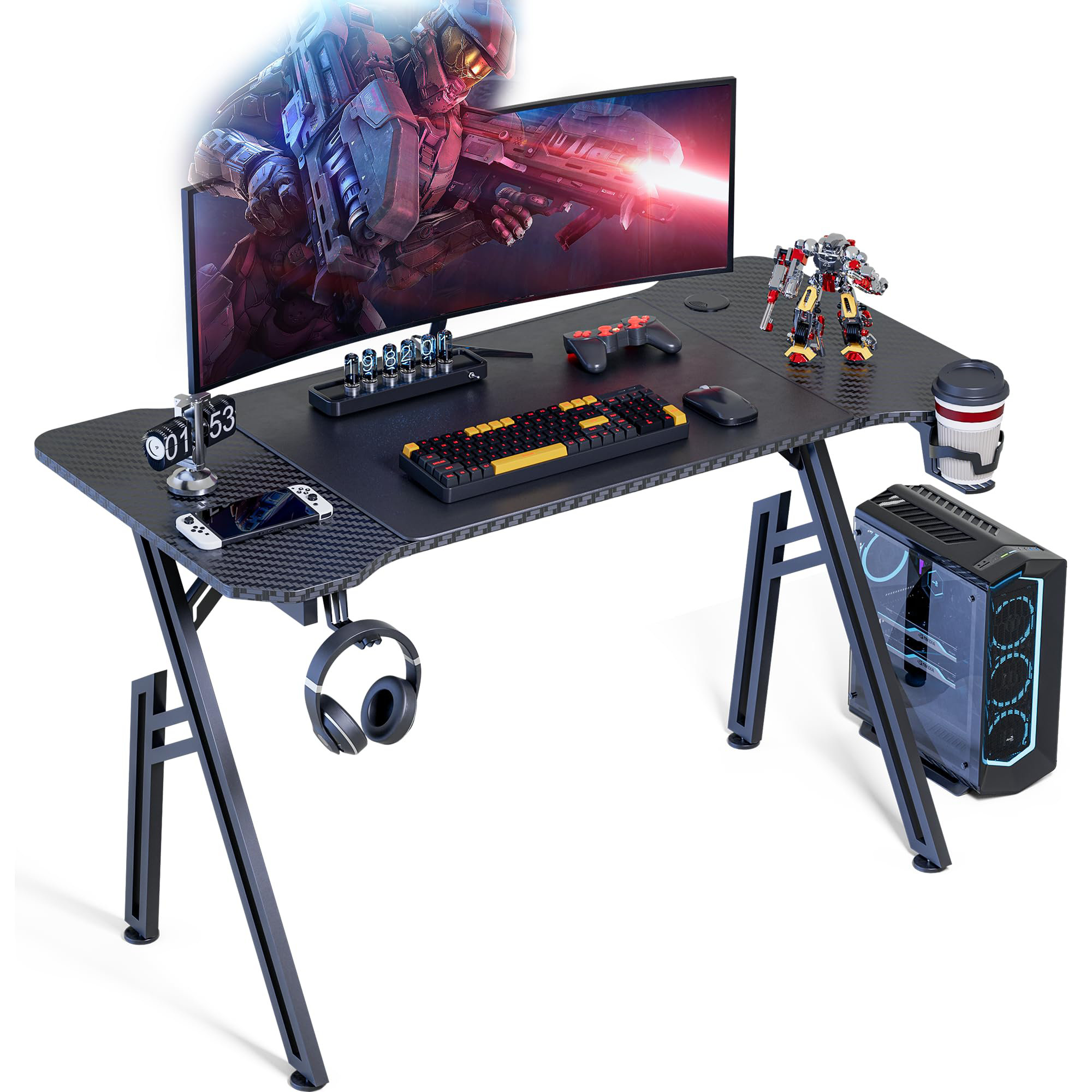 Inbox Zero 55 Inch Gaming Computer Desk - Ergonomic Carbon Fiber PC ...